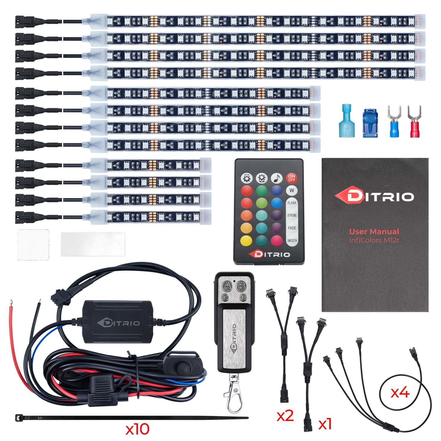 DITRIO 12pcs Underglow RGB LED Strip Light Kit DC 12V with 2 Red Blinking Brake Light Styles for Motorcycles Trikes Golf Carts ATVs UTVs β M12r