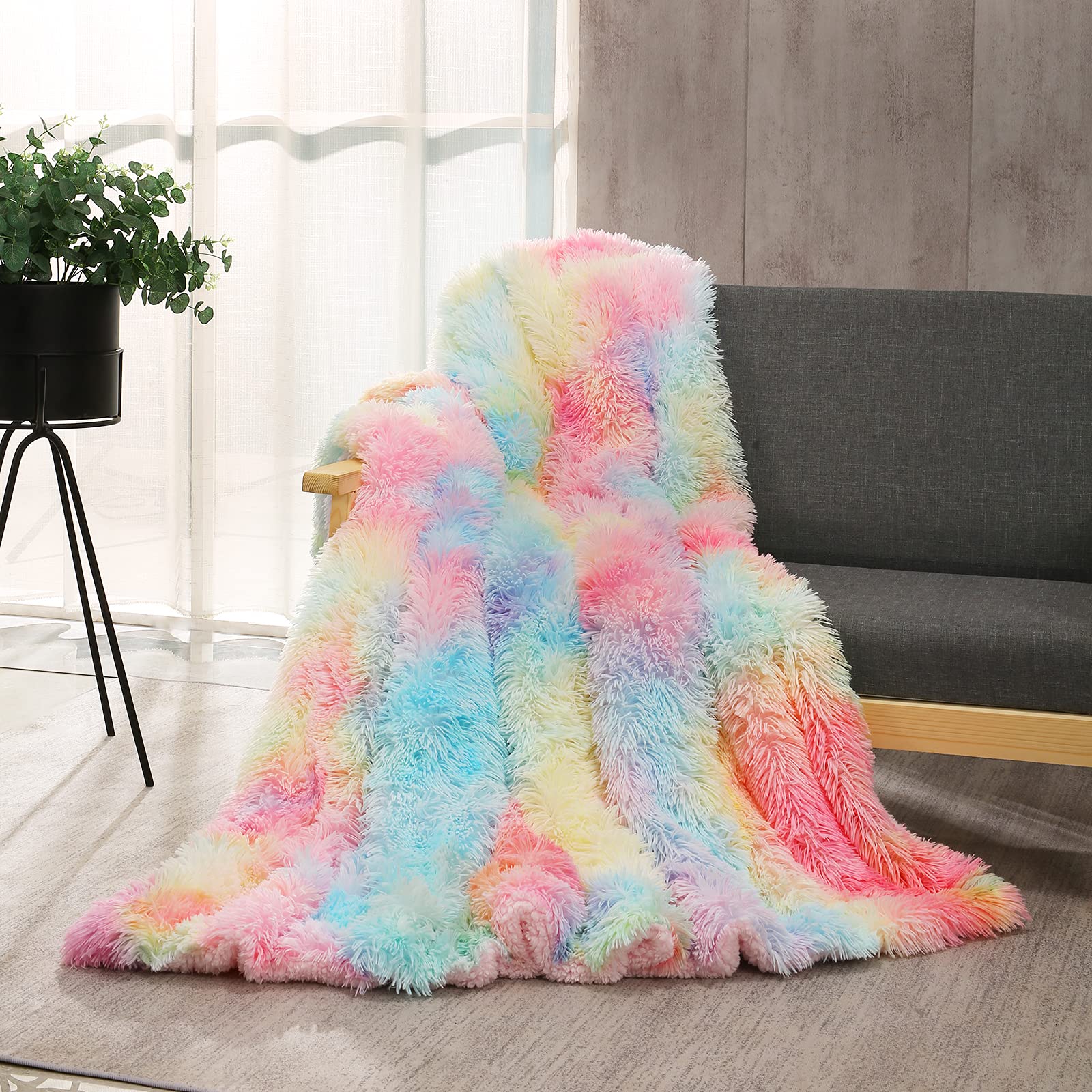 STFLY Faux Fur Throw Blanket, Decorative Luxury Tie Dye Rainbow Throw Blanket for Sofa Bed Couch, Shaggy Soft and Warm Blanket Cozy Plush Throws Queen Size for Autumn&Winter, Girls