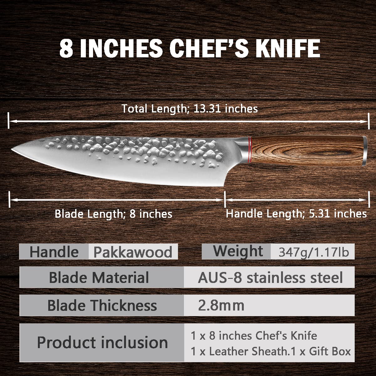 HALOYIVGO 8 Inch Chef Knife, Hand Forged Professional Chef's Knife with Pakkawood Handle, AUS-8 High Carbon Stainless Steel, Kitchen Meat Vegetable Knife with Leather Sheath and Gift Box