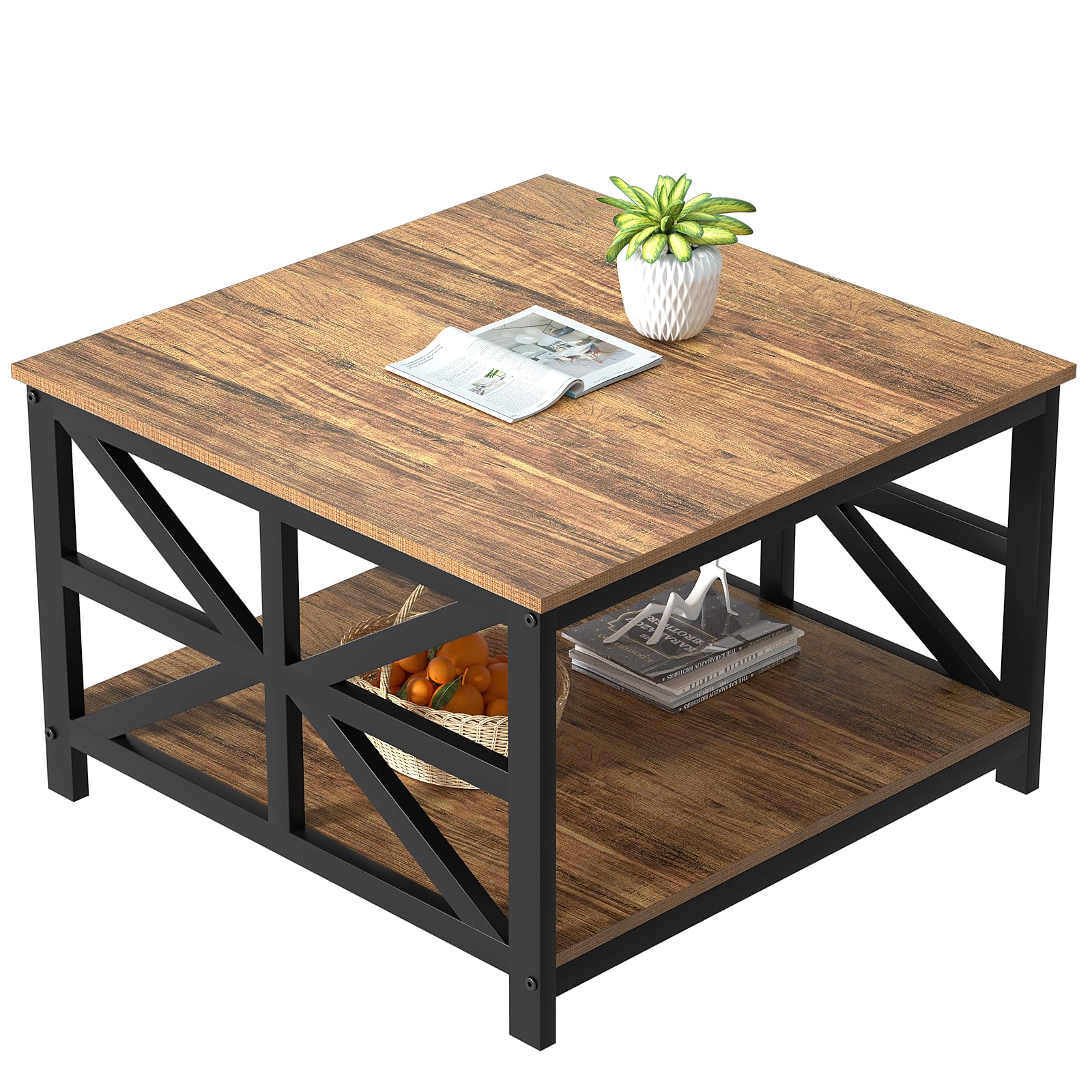 GreenForest Coffee Table with Storage, 27.6 inch Square Coffee Table, Seamless One-Piece Tabletop Design, Small Coffee Tables for Living Room, Farmhouse Sofa Table, Rustic Center Table, Walnut