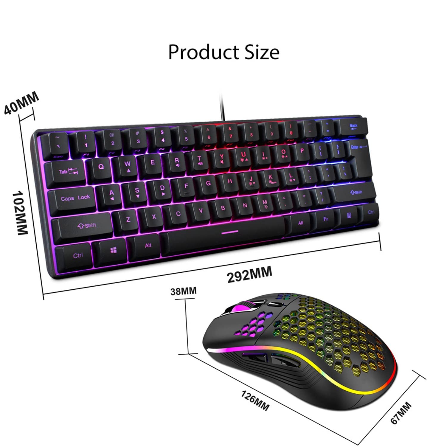 EXHNLE Gaming Keyboard and Mouse Combo, Ultra-Compact 61 Keys RGB Backlit Mini Keyboard, USB Wired Backlit Keyboard, for Laptop PC Computer Game and Work
