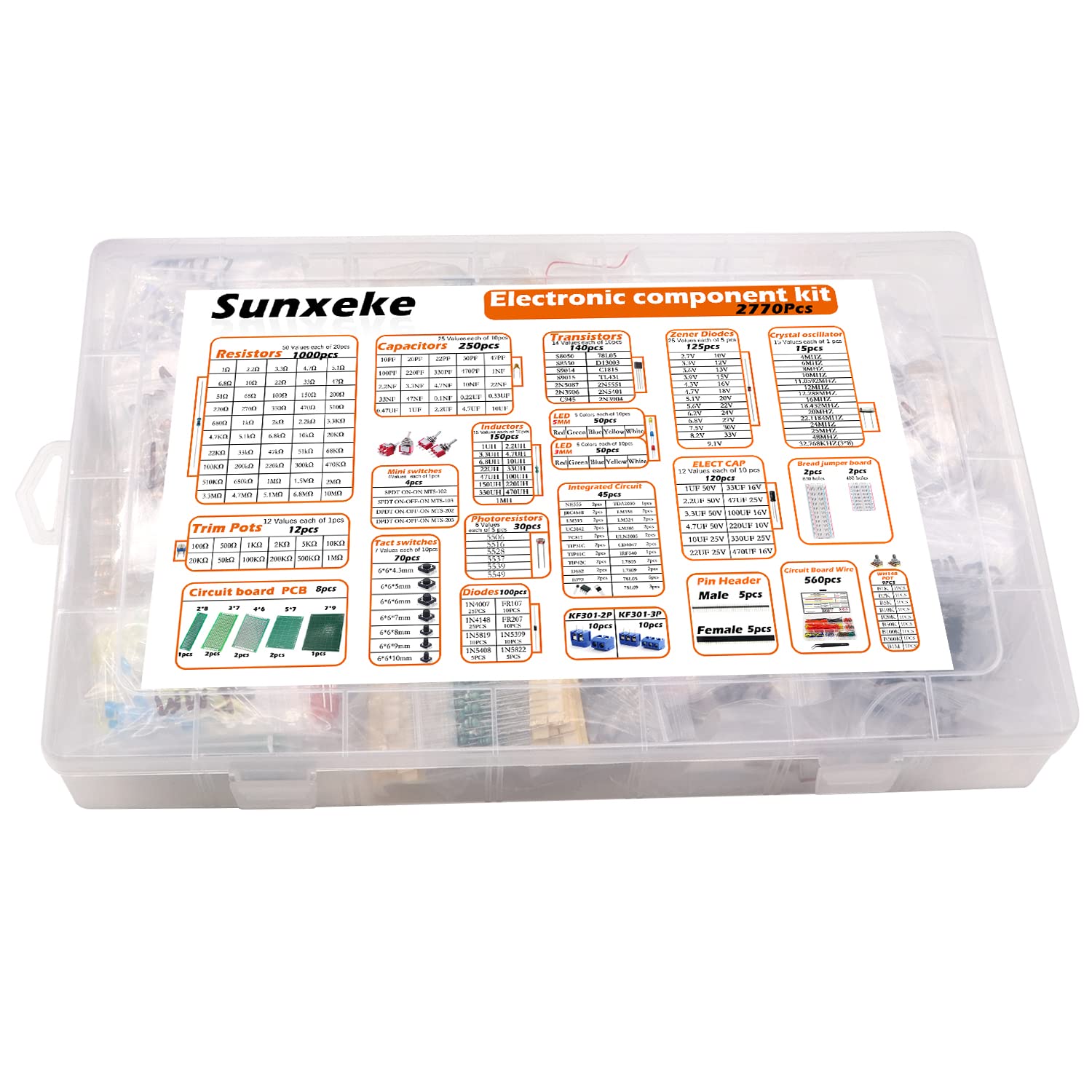 Sunxeke Electronic Component DIY Assortment Kit,Include Resistors,Capacitors,Triode,PCB,Tact Switch,Toggle Switch,Potentiometer,LED,Inductors,Crystal oscillator,Integrated Circuit.
