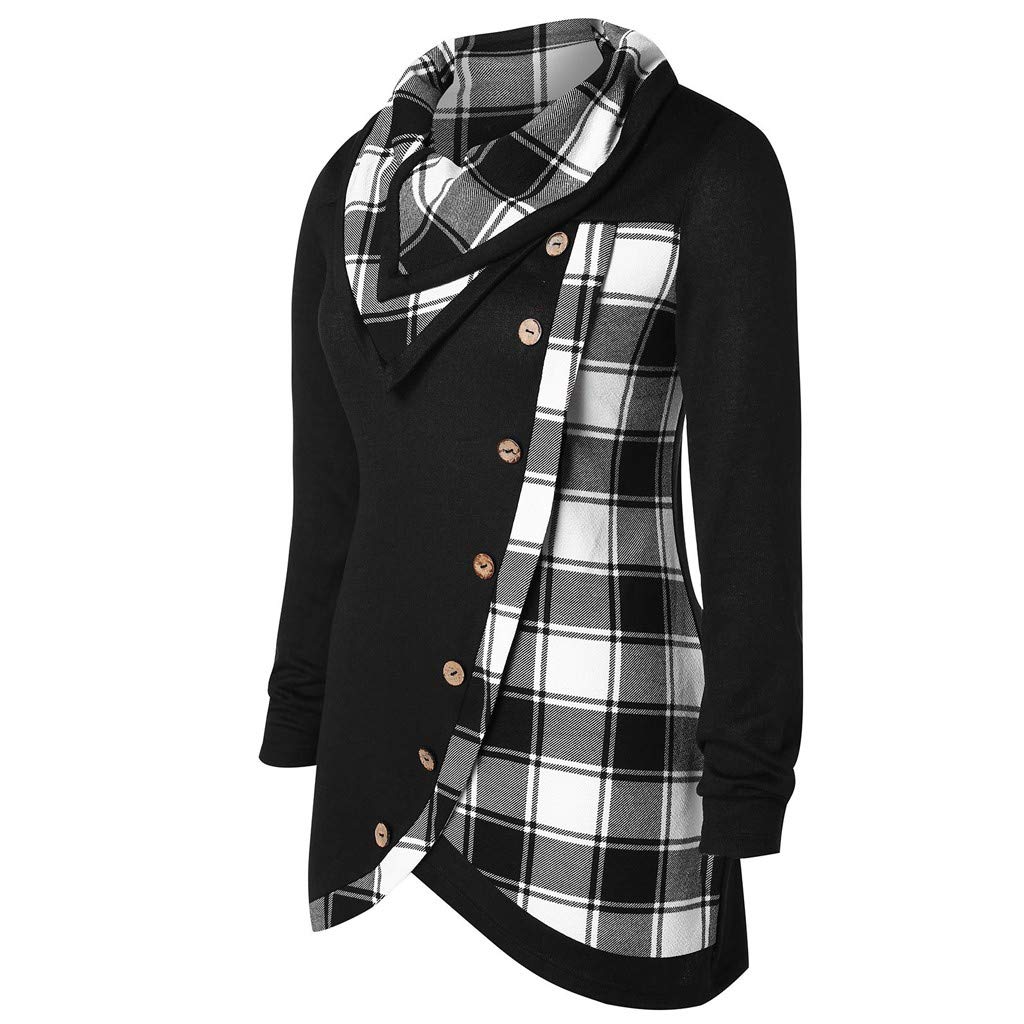 Women's Turtleneck Long Sleeve Asymmetrical Plaid Sweatshirt Pullover Tops Blouse Cowl Neck Patchwork Shirts Black a