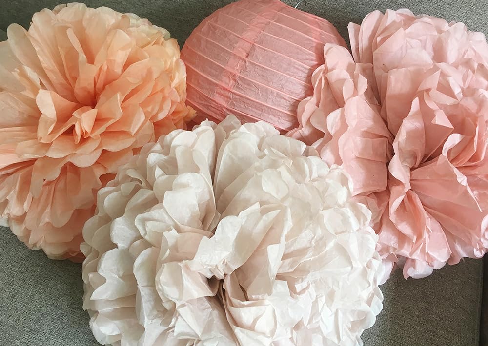 Hanging Party Decorations - Tissue Paper pom poms and Lanterns Backdrop Decor for Engagement Wedding Birthday Bridal Shower Bachelorette (Rose Gold)