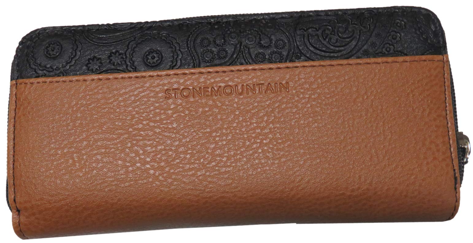 Stone Mountain Embossed Leather Crazy Paisley Checkbook Wallet Black/Tan