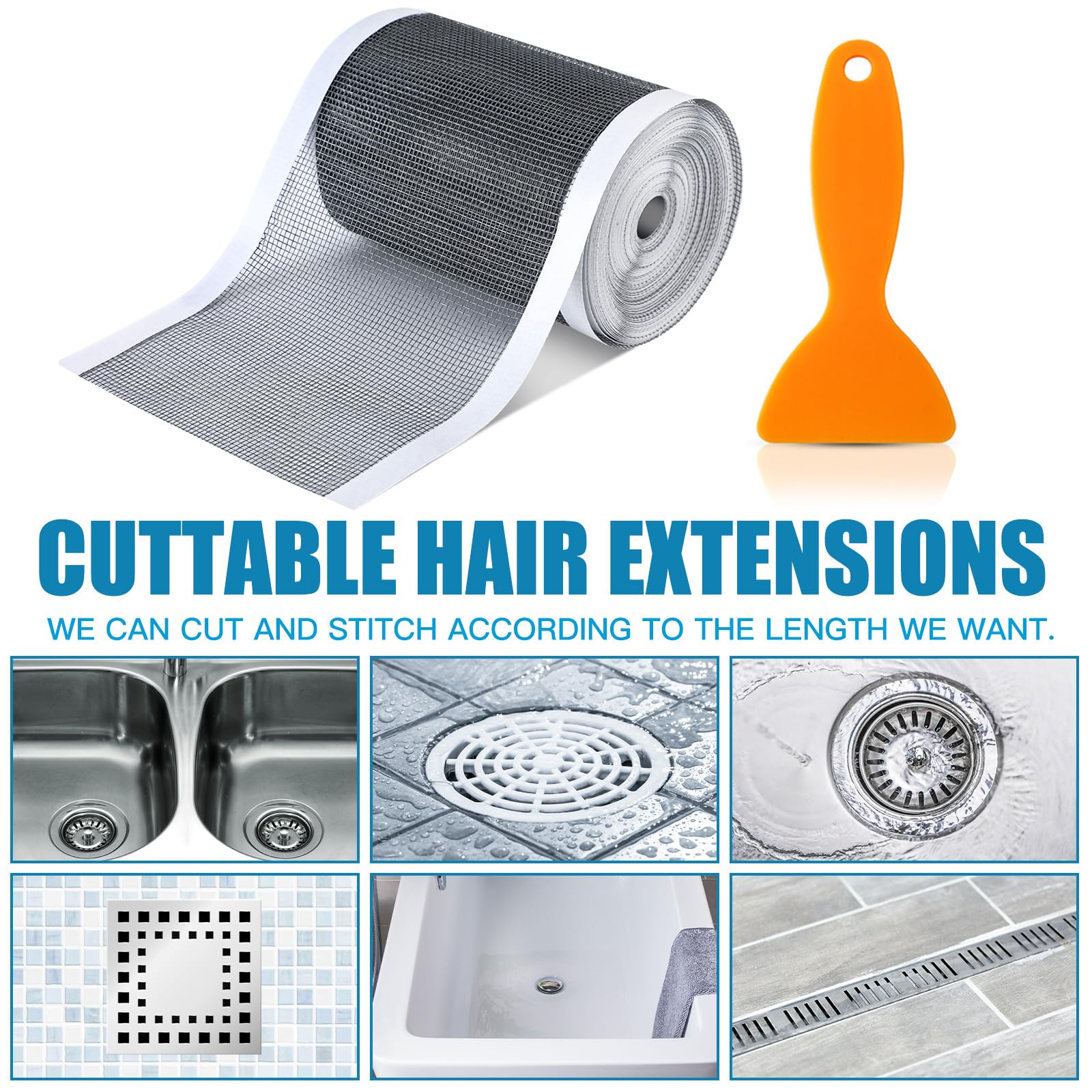 Leriton 4 Inch x 33 ft Disposable Shower Drain Hair Catcher Cutable Mesh Shower Drain Cover Stickers for Linear DIY Floor Drain Shower Drain Screen with Removal Tool for Bathroom Kitchen(1 Pack)