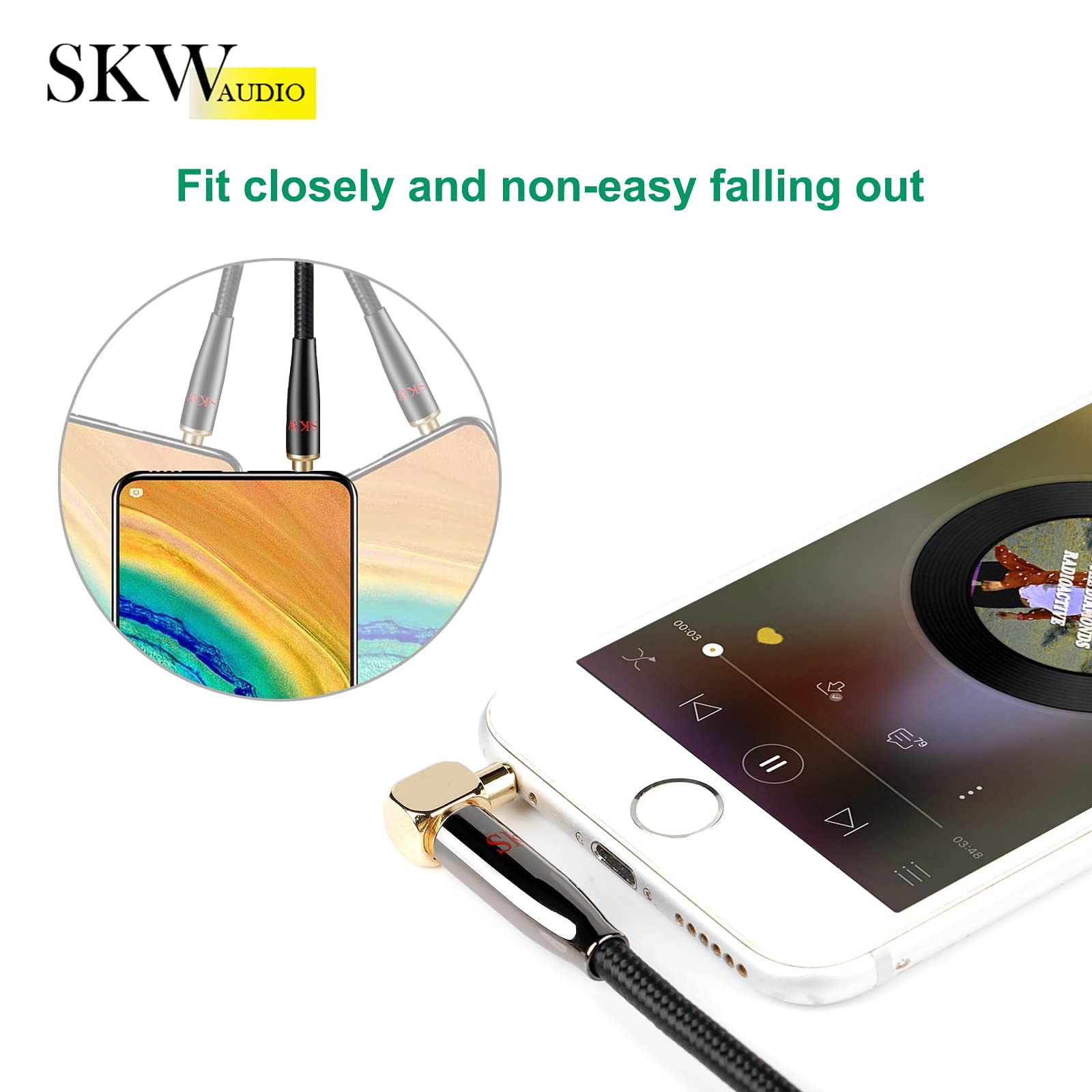 SKW Aux Cable for Car(Hi-Fi Sound),3.5 mm to 3.5 mm Stereo Audio Cable, 1/8″ Jack Cord, Headphone Cable for Home Stereo,iPhone,iPod,IPad,Echo Dot,Sony & More (Right Angle,10ft/3M)