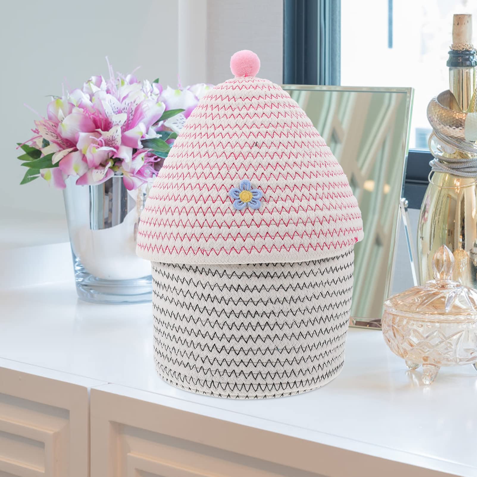 HANABASS Cotton Rope Storage Basket with Lid Small Woven Baskets Cute Toy Storage Basket Mini Storage Bins for Living Room Nursery Bathroom Desk Red