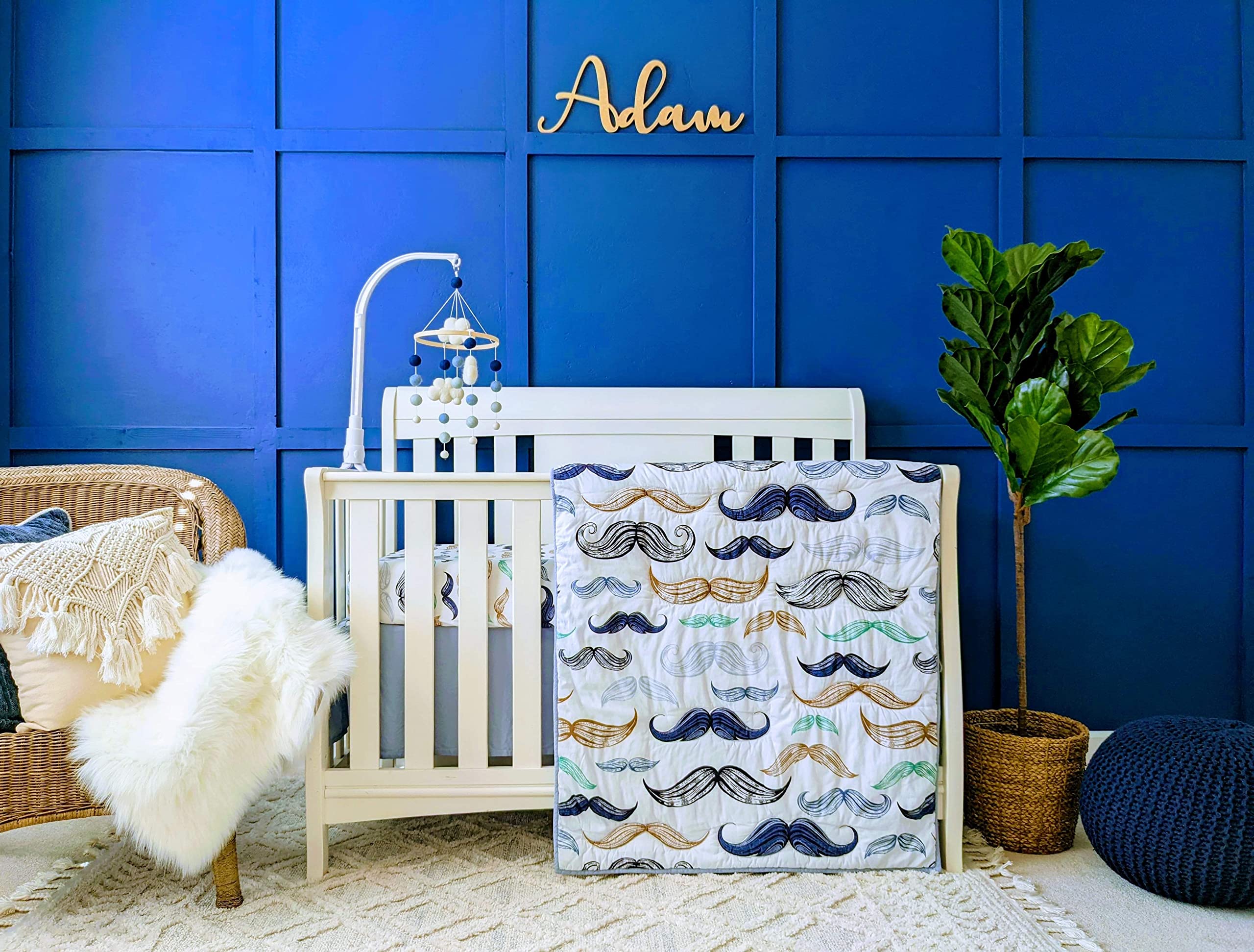 Noisy Mouse - Boho Little Man Mustache, Premium, 100% Organic Cotton 4-Piece Baby Boy Nursery Bedding Crib Set | Baby Comforter | 2 X Fitted Crib Sheets | Crib Skirt (White, Teal, Black, Brown, Blue)