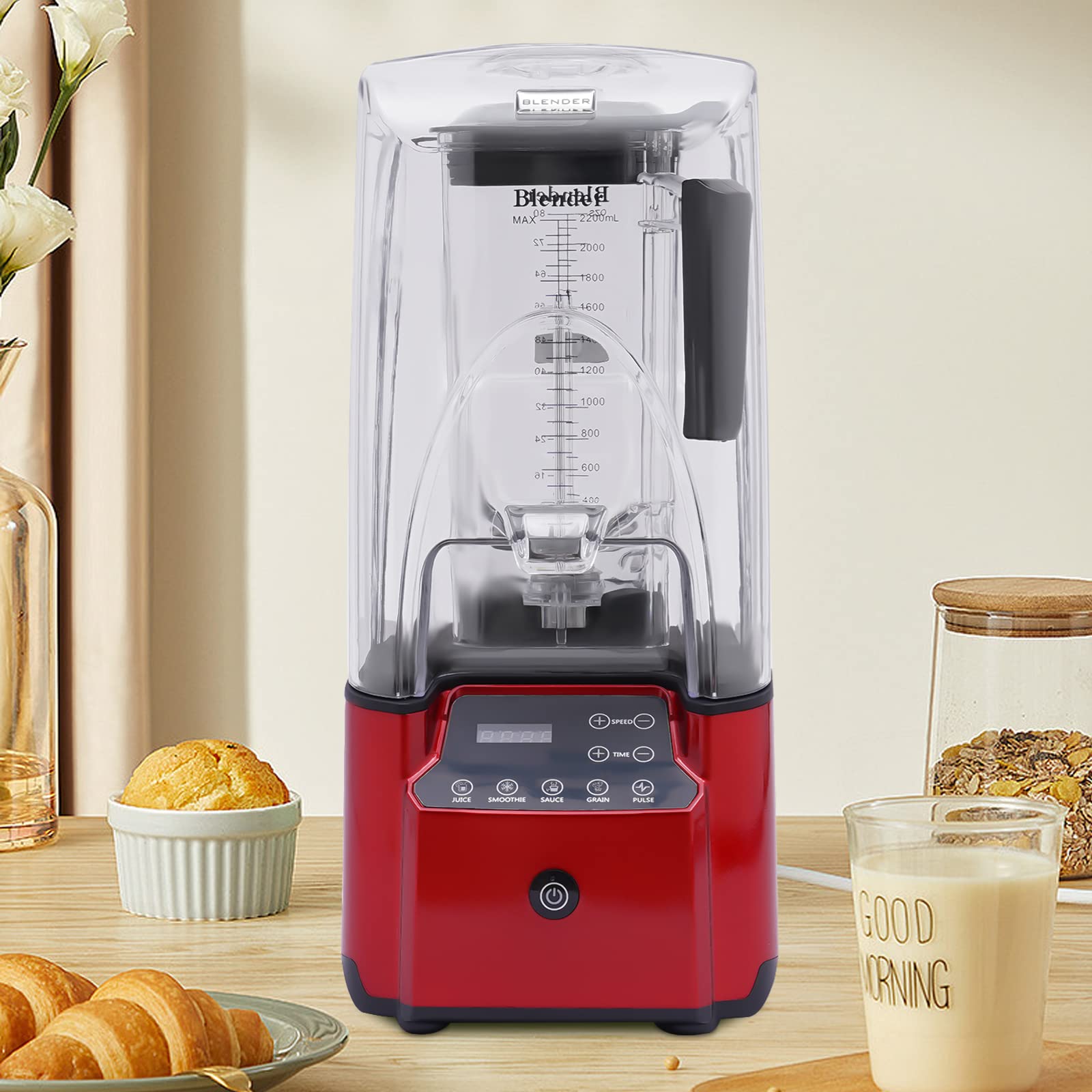 HinLIaDa Commercial Quiet Blender, 2200 Watt Professional Countertop Blender with 80oz Pitcher And Self-Cleaning High-Speed Blenders for Puree, Ice Crush, Shakes And Smoothies, Red