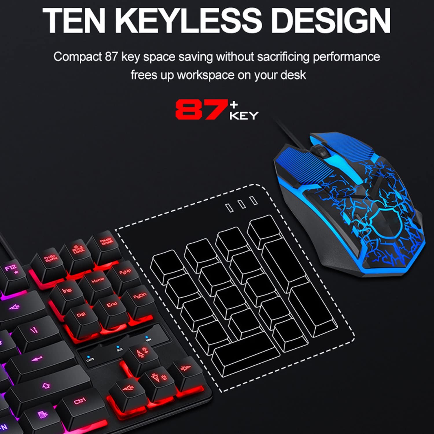 EXHNLE RGB Gaming Keyboard and Mouse, 87 Keys Compact Keyboard and Mouse LED Breathing Backlit, Colorful Breathing Backlit Gaming Mouse for Working or Gaming