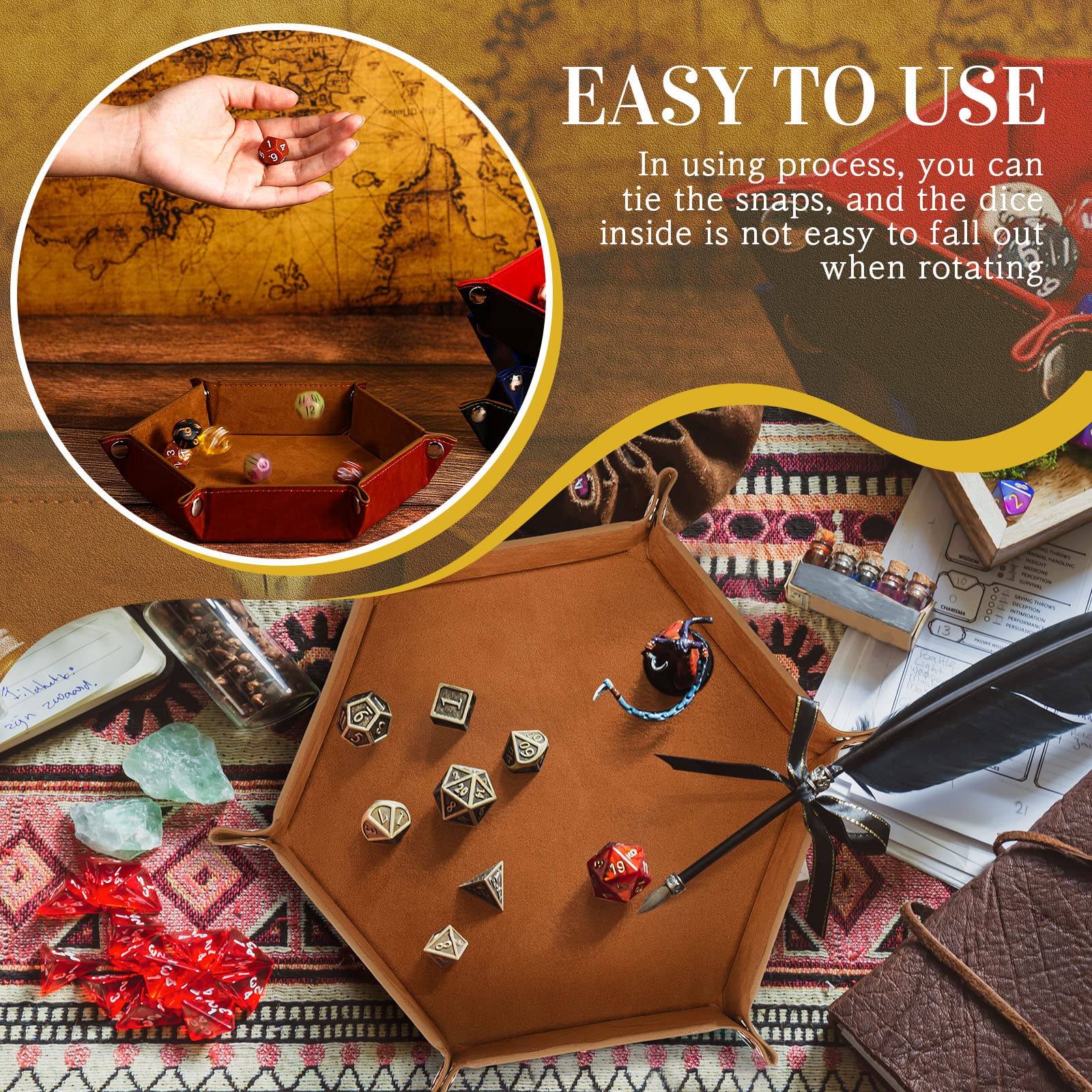 Hanaive 9 Pcs Dice Tray Set, Foldable Hexagon Rolling Tray PU Leather Portable Dice Holder Compatible with RPG Dice Games Other Table Games 9.6 W x 1.6 H