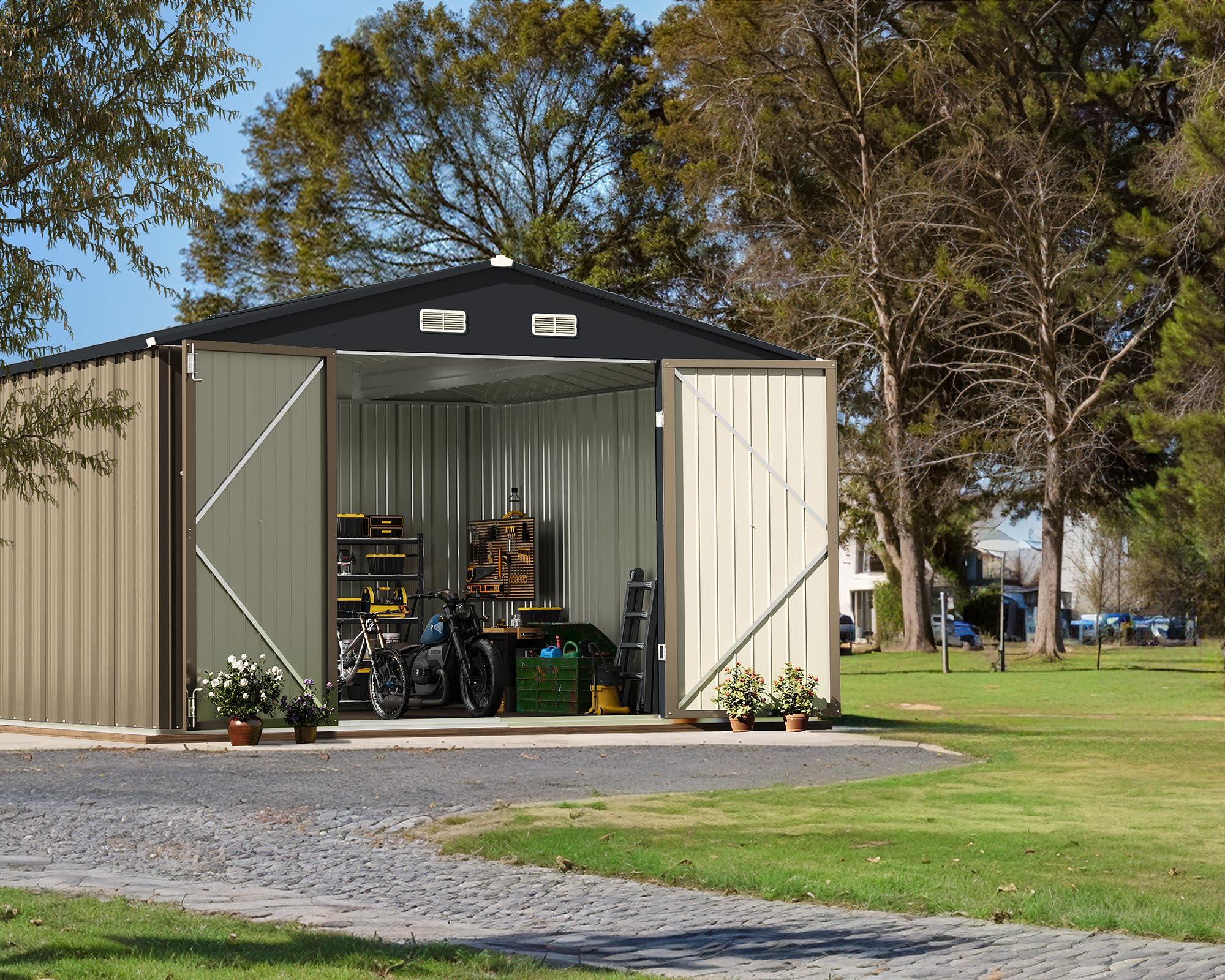 Greesum Outdoor Storage Shed 10 x 10 ft. Utility Tool Shed Metal Storage Garden Shed with Door & Lock for Patio Storage, Brown