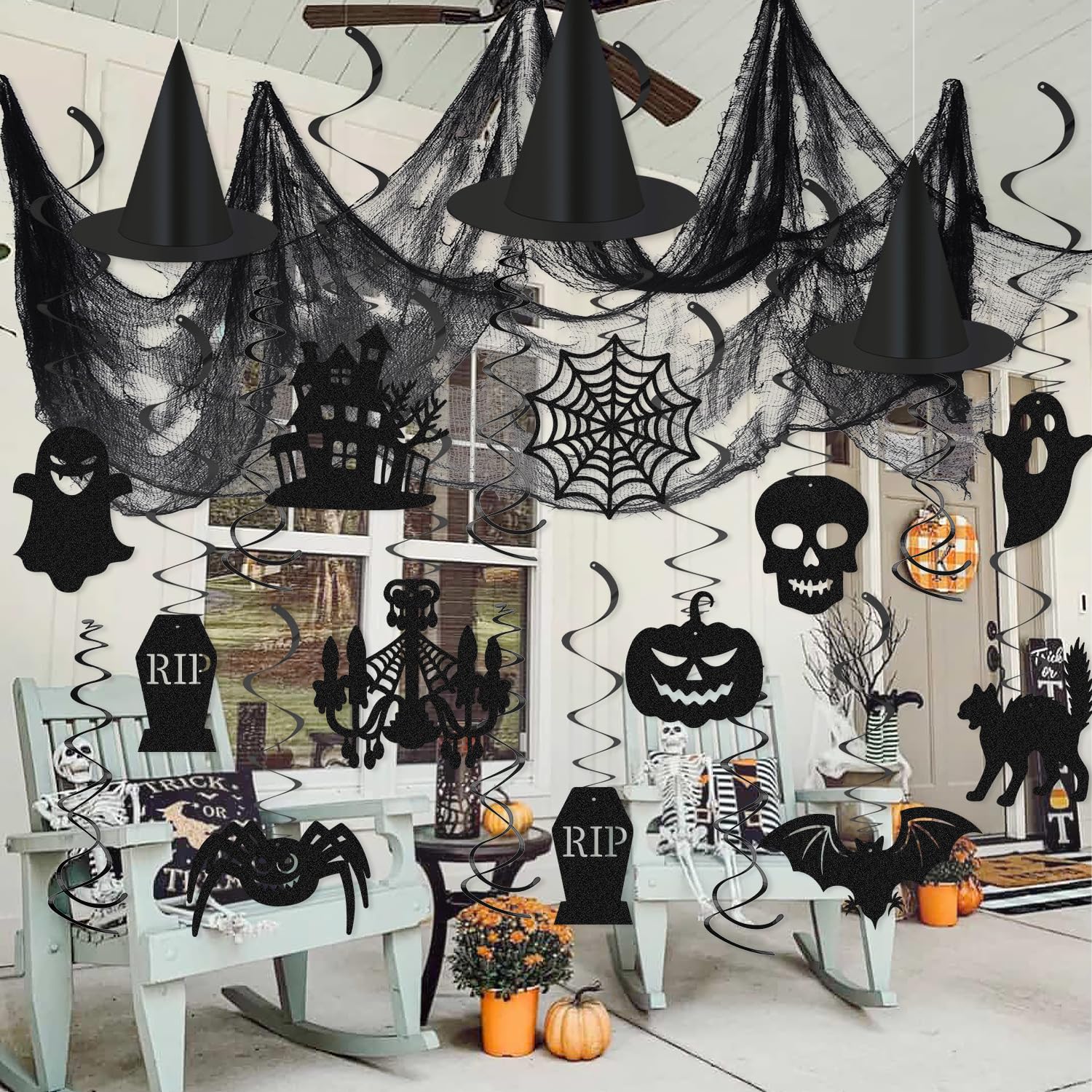 Levvcirki 35 PCS Halloween Party Decorations Hanging Swirl with Horror Pattern Witches Hat Black Creepy Cloth for Halloween Scary Theme Party Supplies