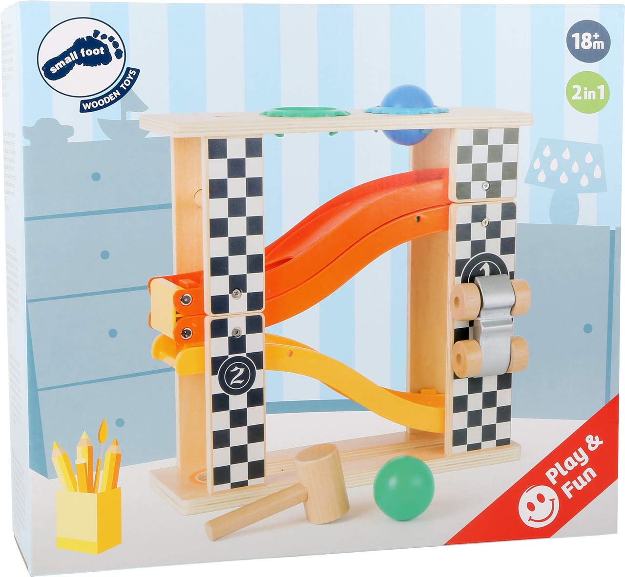 Small Foot Wooden Toys - Wooden Marble Run and Knock Hammer Bench in Rally Design