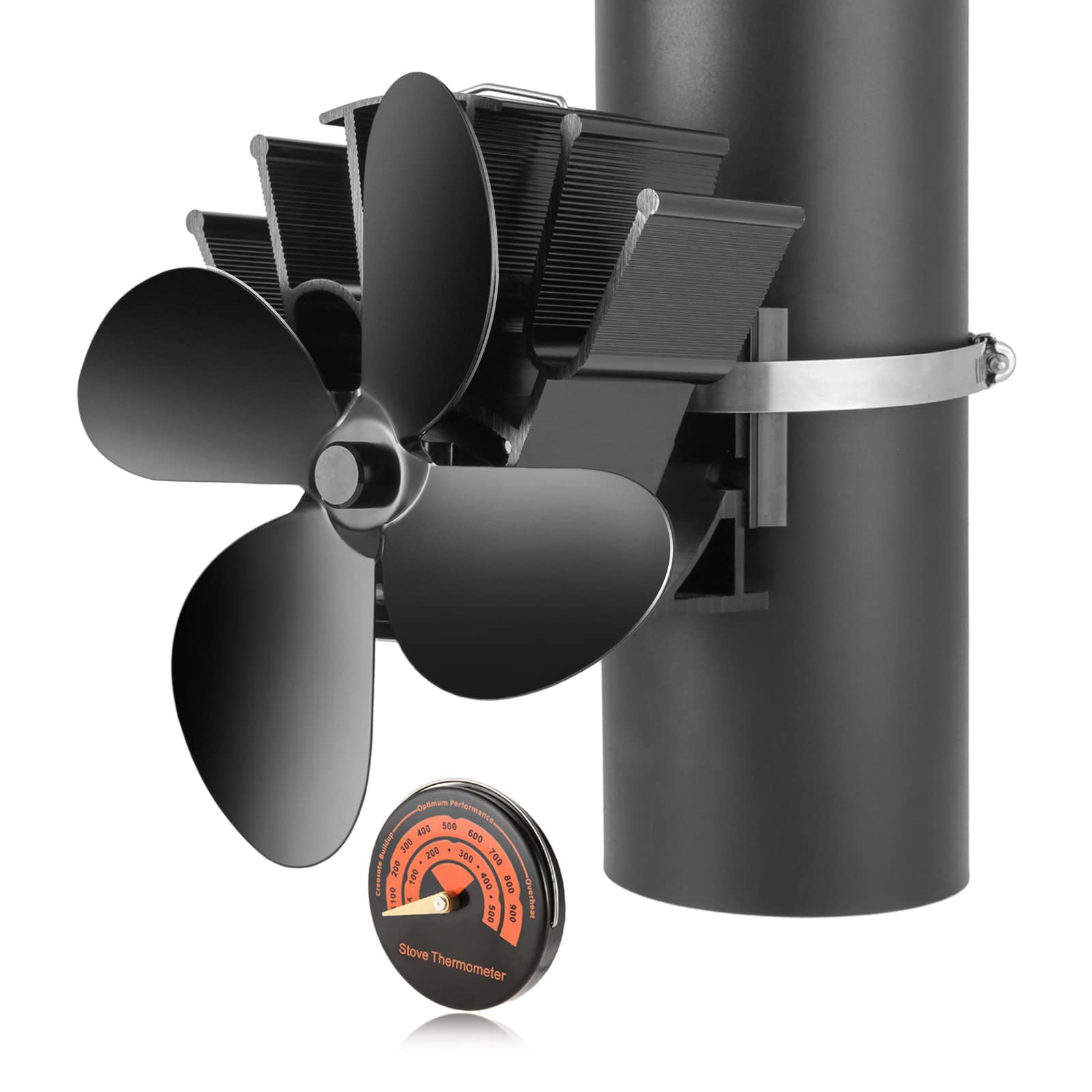 Wood Stove Fan, Heat Powered 4 Blades Hanging Stove Fan, Silent Flue Pipe Hanging Fireplace Fan with Stove Thermometer for Wood/Log Burner/Fireplace, Eco Friendly Efficiently Fireplace Fan, Black