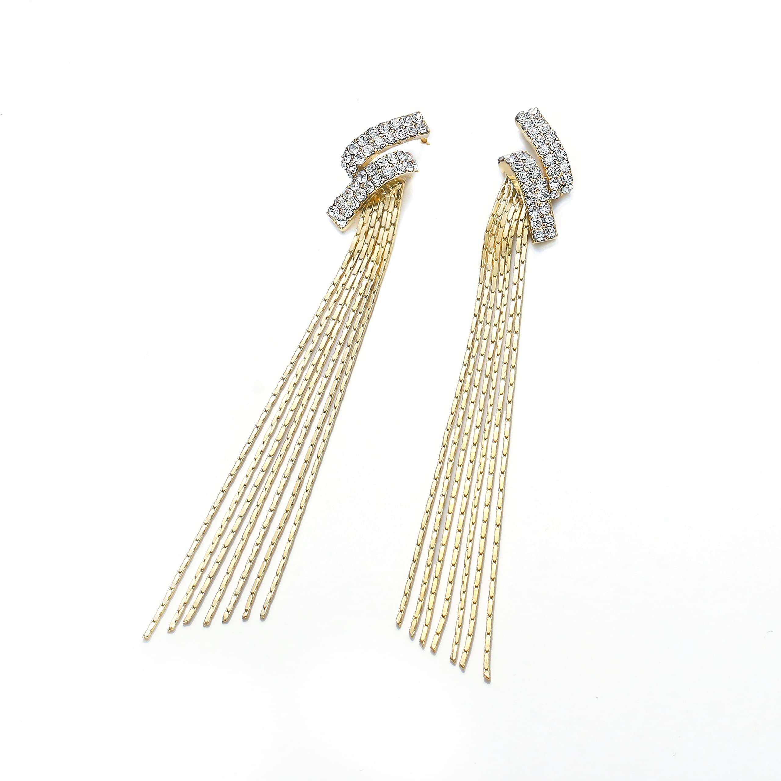 EleQueen 3 Chain Long Tassel Earrings, Gold Plated Cubic Zirconia Dangle Earrings for Women Wedding Party Prom