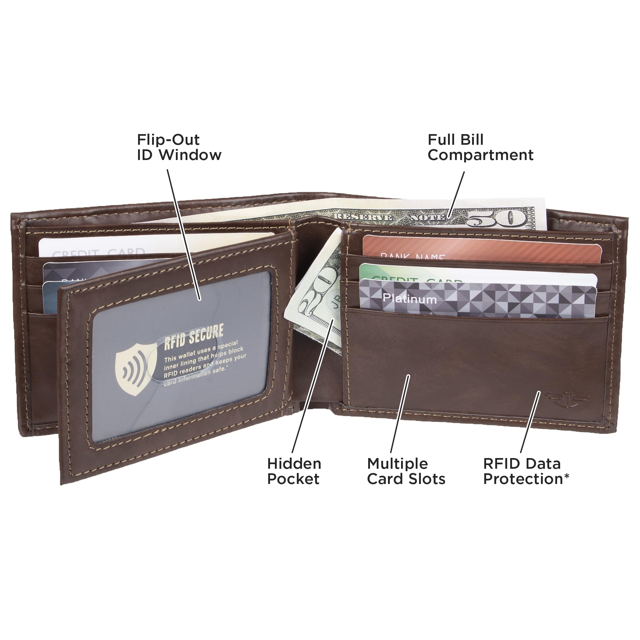 Dockers Men's Extra Capacity Bifold Wallet-ID Window and Multiple Card Slots, Brown, One Size