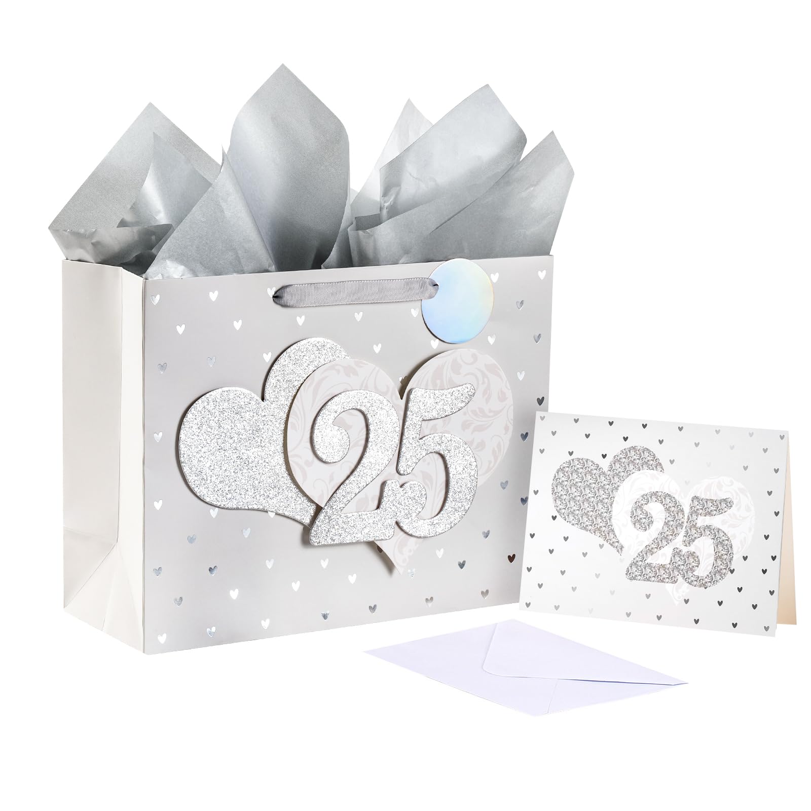 LeZakaa 13" Wedding Gift Bag, Silver Gift Bag with Tissue Paper, Gift Tag and Card - Number 25" with Heart 3D Paster for Silver Wedding Anniversary Celebrations