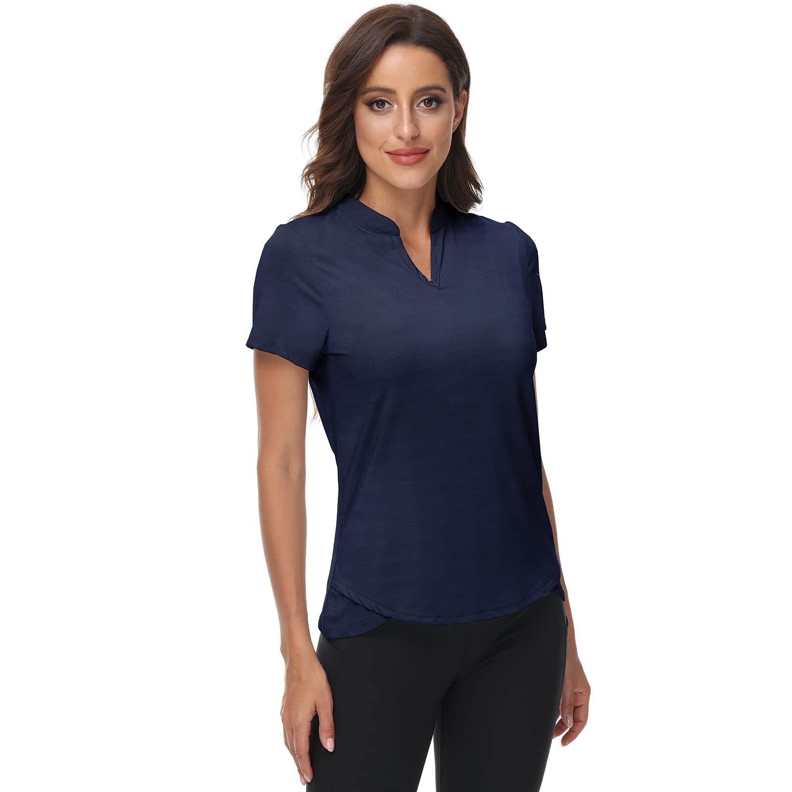 DOTIN Women's 2 Pack V-Neck Golf Polo Shirts Short Sleeve Collarless Quick Dry Sport T-Shirts Workout Tops