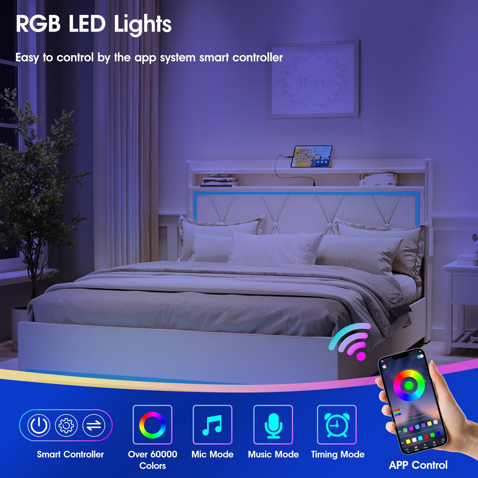 Full Size Bed Frame with Storage Headboard and 4 Drawers, Platform Bed Frame with Charging Station & RGB Lights, Noise-Free, Heavy Duty Wood Slats, No Box Spring Needed, Noise-Free