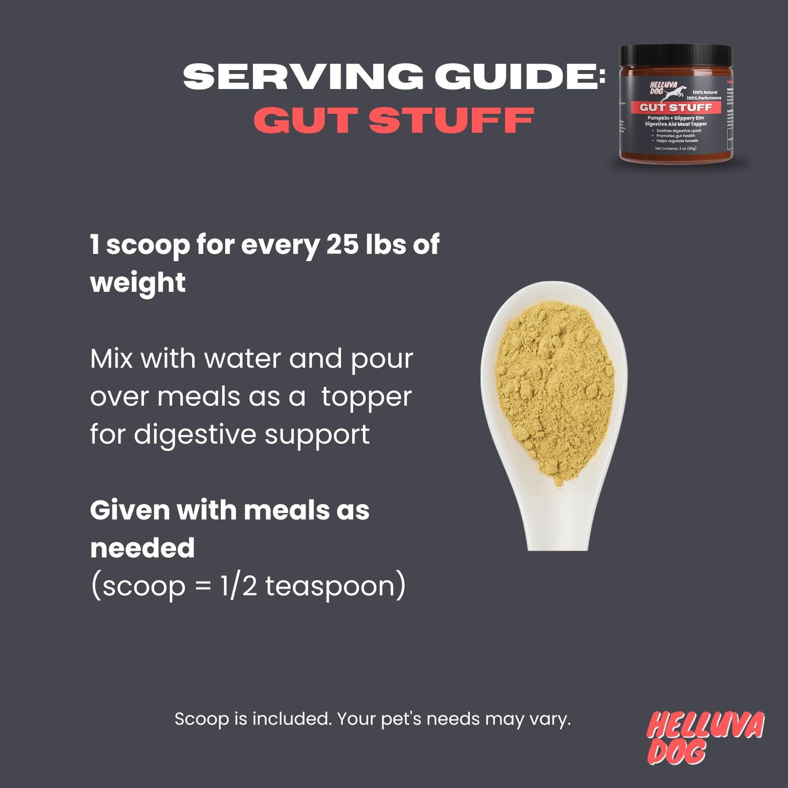 Gut Stuff by Helluva Dog β Digestive Aid Meal Topper for Active Sporting Dogs β Pumpkin & Slippery Elm for Dog's Upset Stomach & Better Gut Health, Packed with Fiber - 3oz