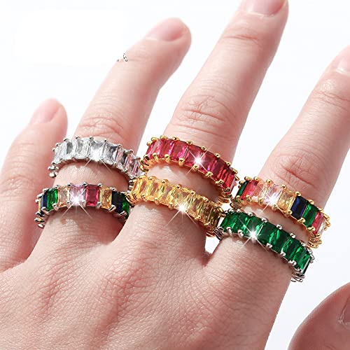 COLORFUL BLING Zircon Flash Diamond Bar Ring Inlaid Square Diamond Engagement Rainbow Ring Hand Jewelry-Sliver Size7