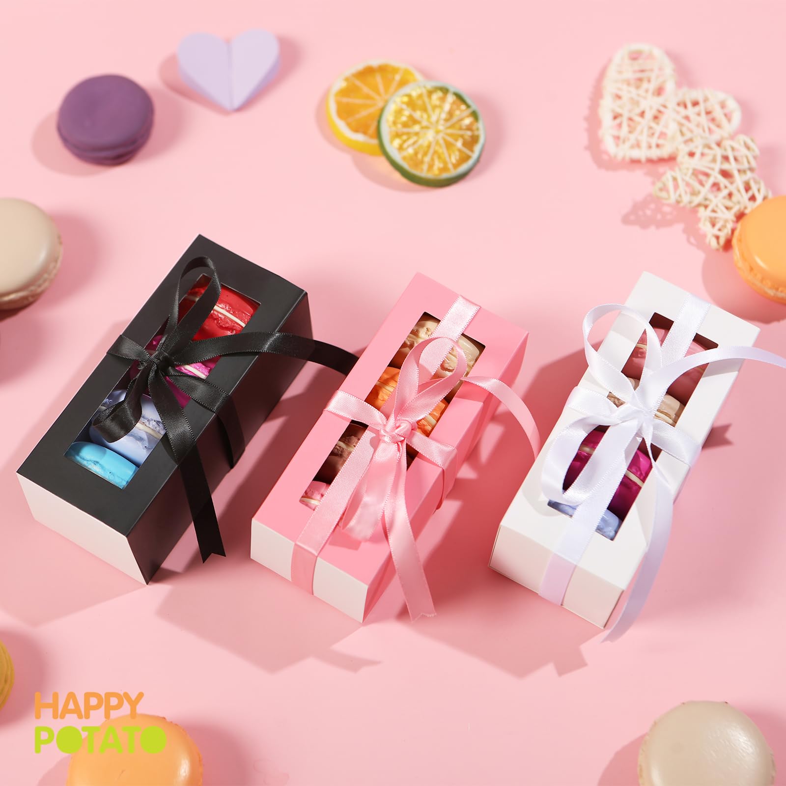 HAPPY POTATO 30 Pack Macaron Boxes for 4 or 5, 4Γ1.9Γ1.9 Inches, Macaron Packaging Boxes, Black Macaron Boxes with Clear Window, Macaron Container Packaging Boxes with Ribbon