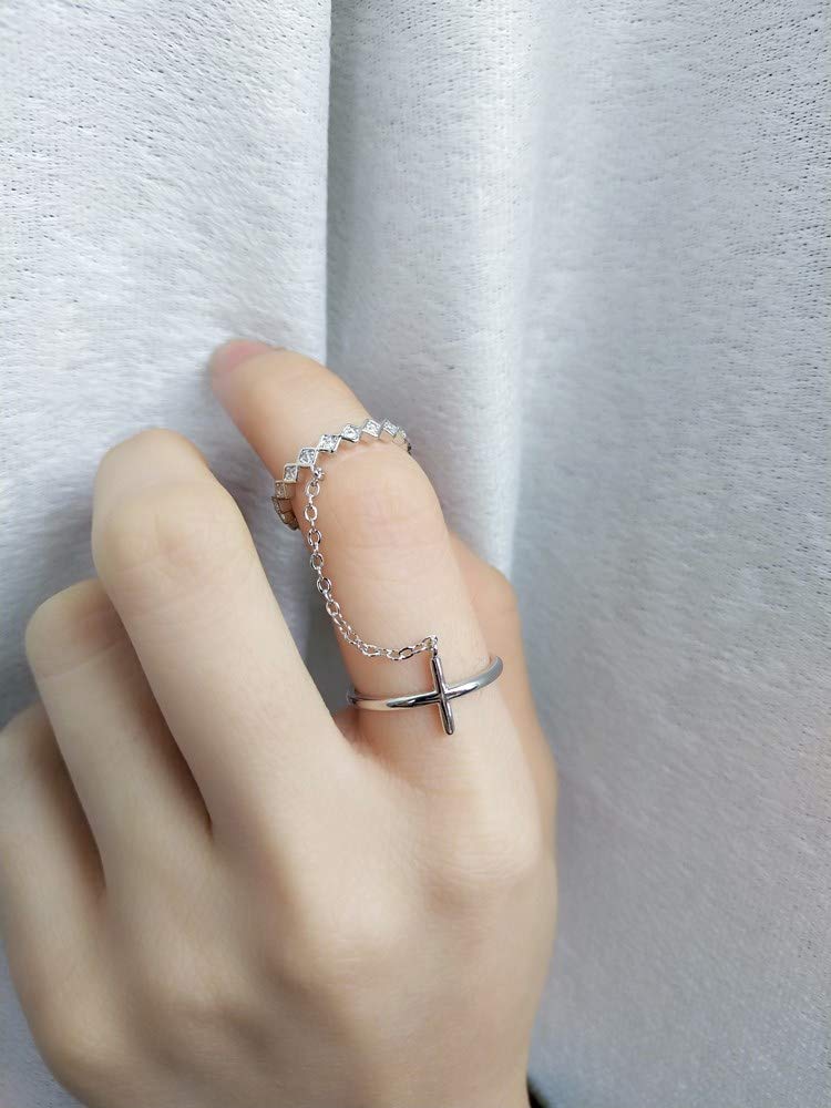 Double Open Cross Faith Rings for Women Silver Plated CZ Geometric Chain Unique knuckle Stacking Finger Adjustable Statement Engagement Ring Gifts for Her Bff Xmas