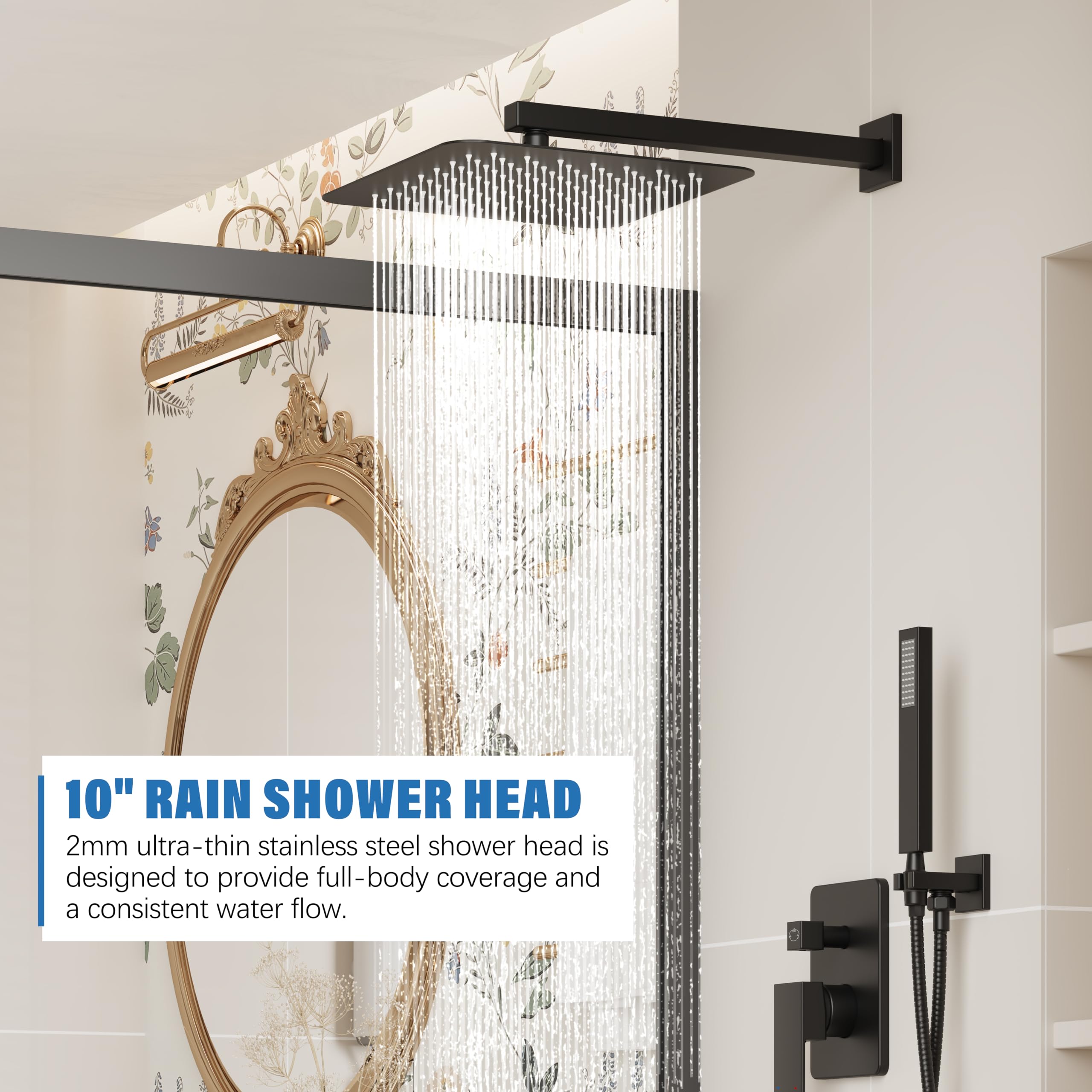 Holispa Black Shower System with Tub Spout, All Metal Tub Shower Faucet Set with 10β Rain Shower Head and Handheld Spray combo, Wall Mounted Tub Shower Systems with Valve and Trim Kit, Matte Black