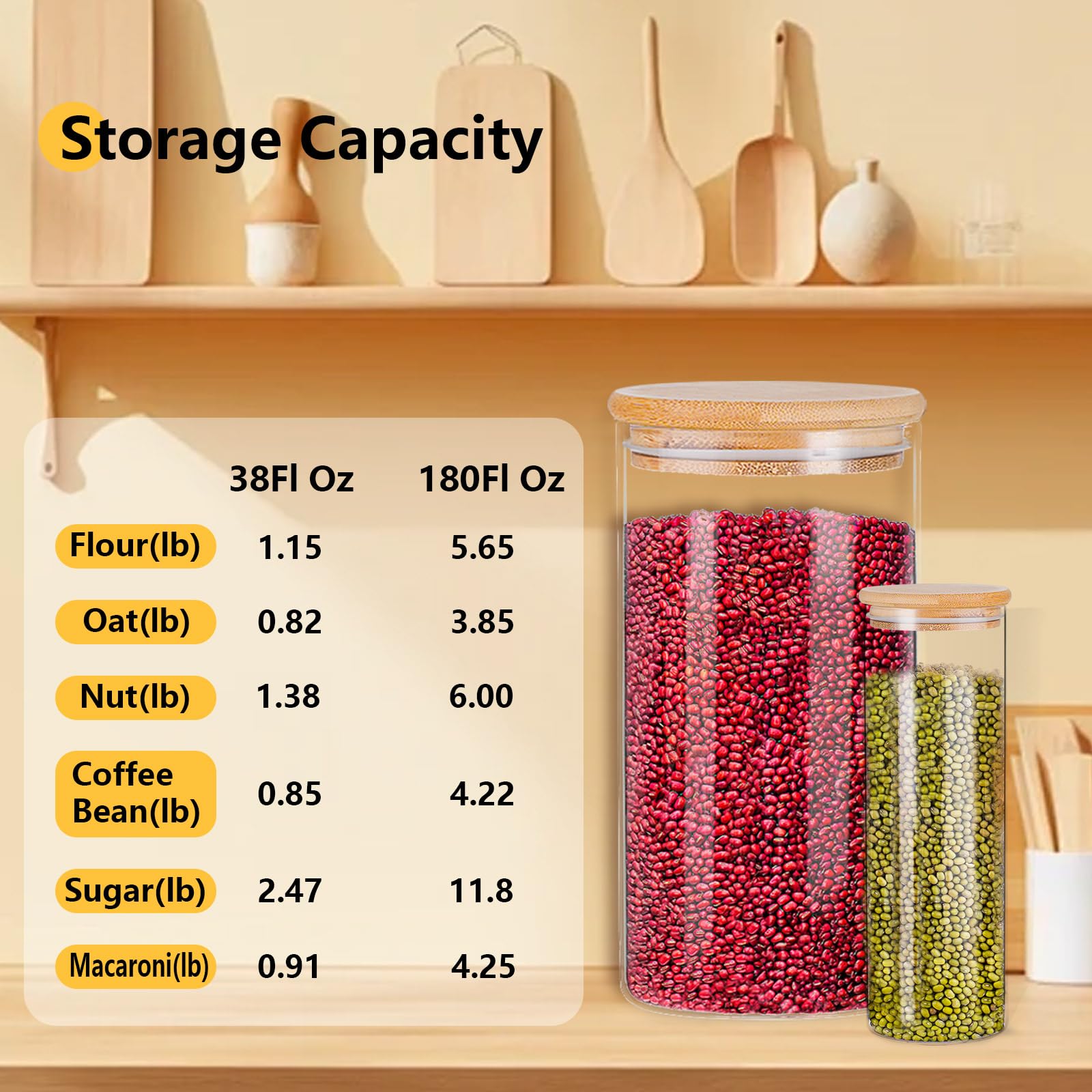 GTJ Glass Storage Containers with Lids, 38oz Set of 8, Glass Jars with Bamboo Lids, Flour Sugar Storage Containers, Airtight Food Storage Containers for the Kitchen, Cereal Containers Storage