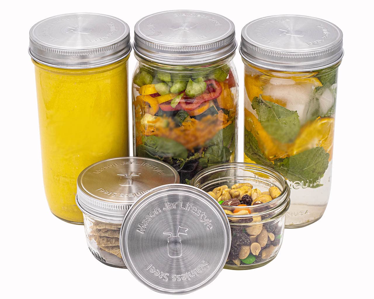 Mason Jar Lifestyle 5 Pack Stainless Steel Storage Lids with Platinum Silicone Liners for Wide Mouth Jars β Heavy Duty Caps for Mason Jars β Airtight & Leak-Proof Design