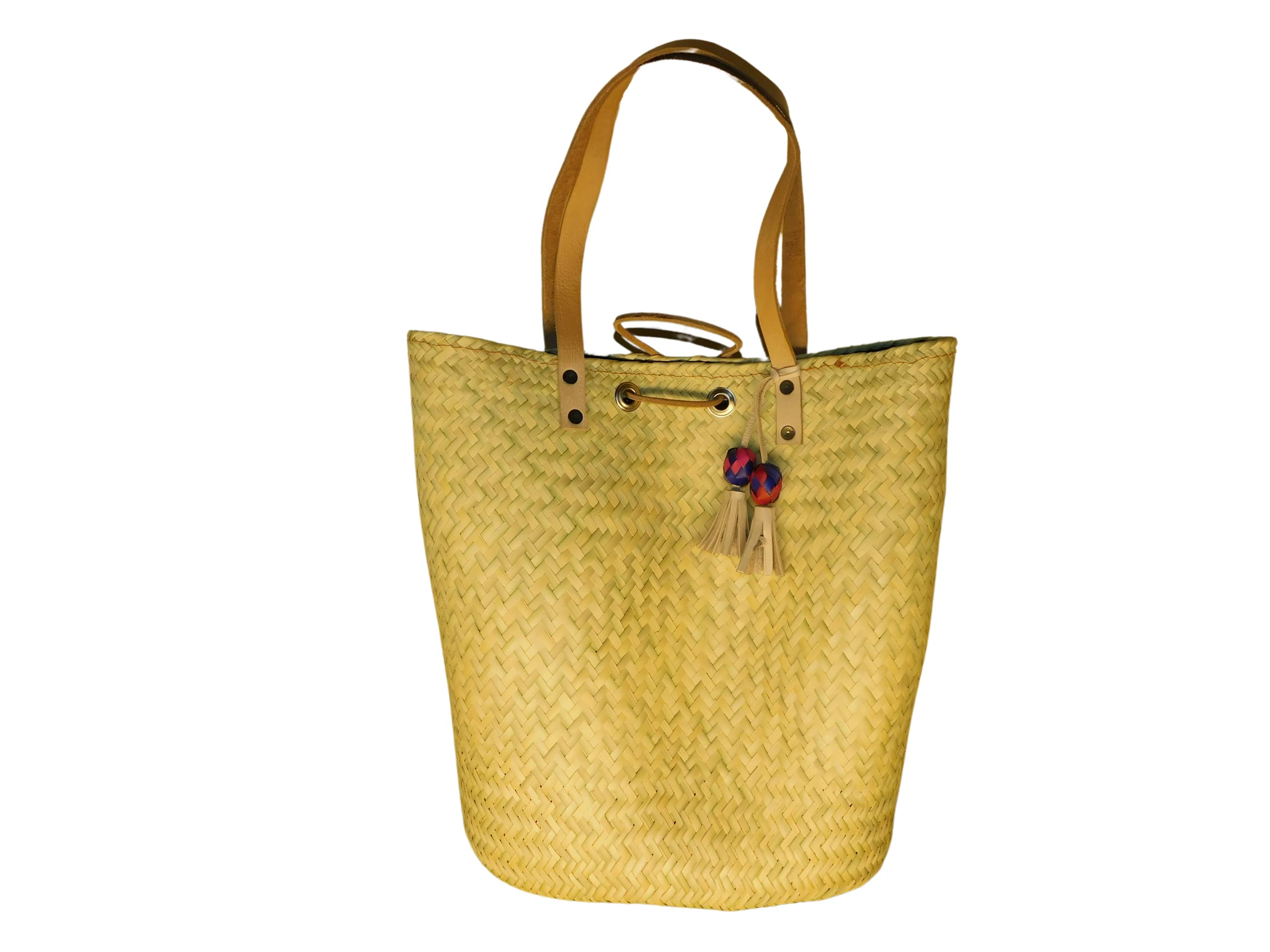 Handwoven Palm Leaf Tote bag, Beach Bag with leather straps and colorful tassels, Handcrafted in Mexico. (Beige strap)