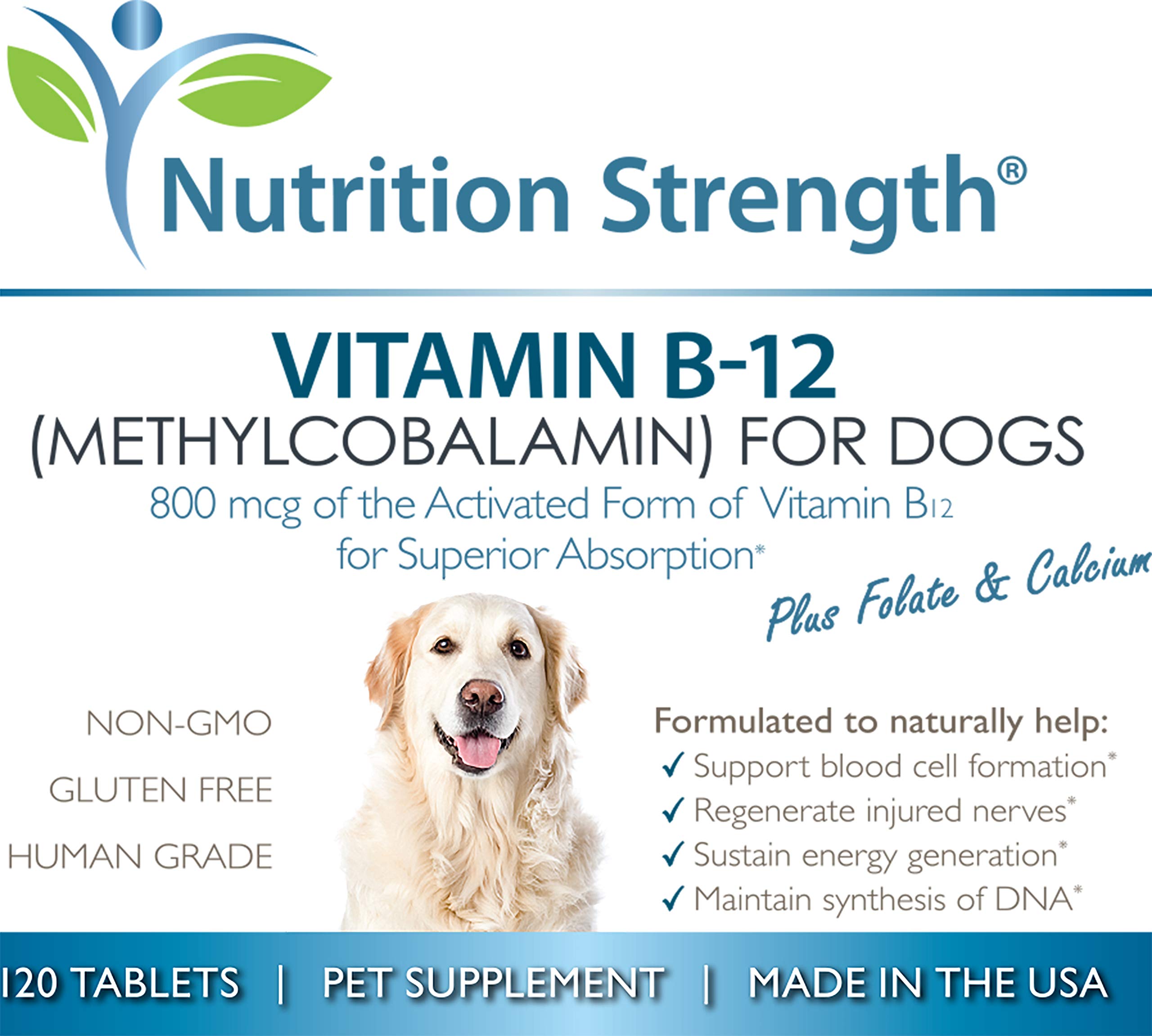 Nutrition Strength Vitamin B12 for Dogs Plus Folate & Calcium, Support the Nervous System & Blood Cell Formation, Help Sustain Cellular Energy Generation & Maintain DNA Synthesis, 120 Chewable Tablets