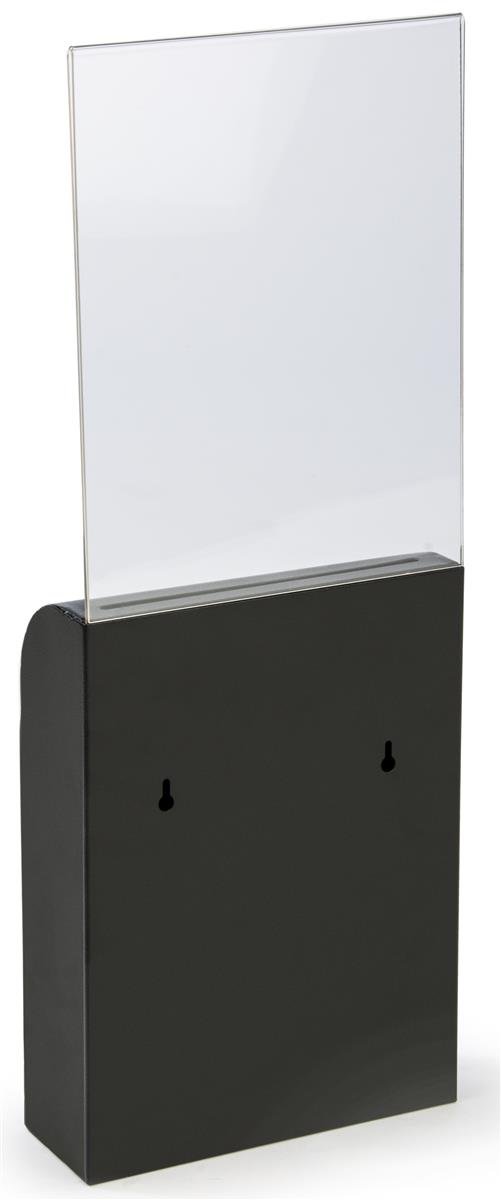 Donation Box, Metal, Slim Profile, Locking, Holder for 8.5" x 11" Sign, Hardware Included (Black Metal)