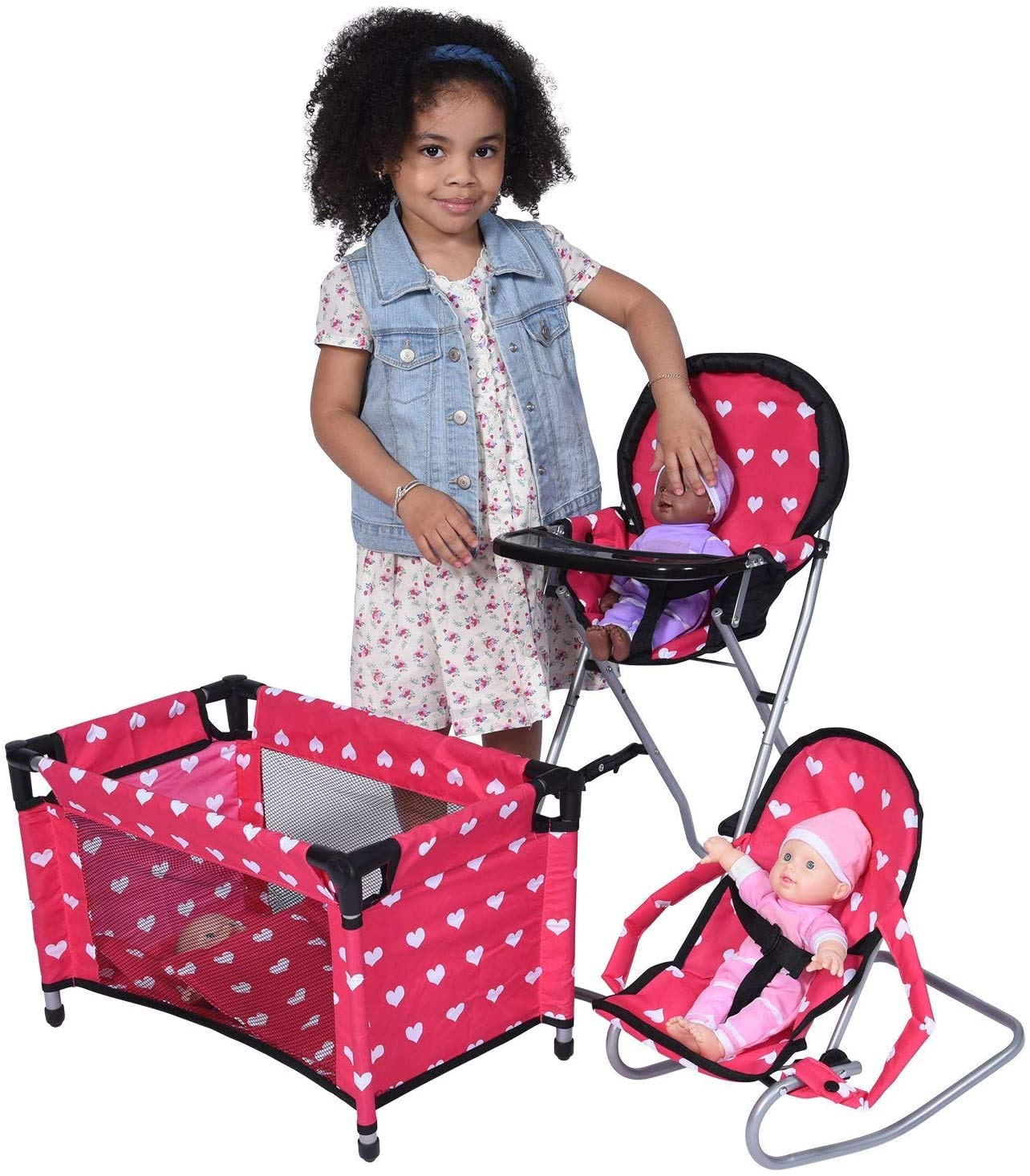 The New York Doll Collection Dolls Mega Play Set with Dolls High Chair, 3-1 Doll Bouncer and Pack N Play Pink for 18-inch Dolls