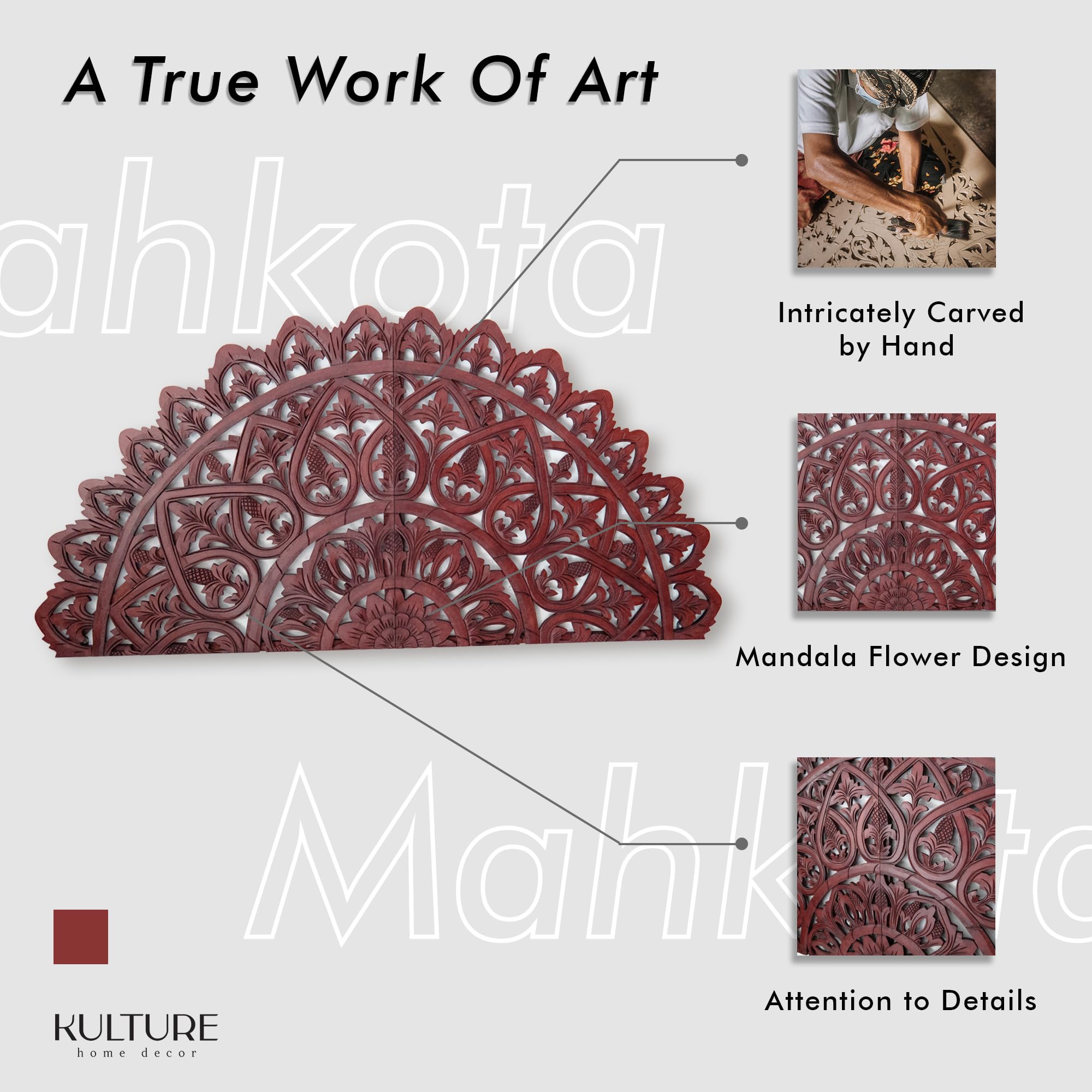 Half Moon Queen Wood Headboard Brown | Carved Full Headboard Only | Wooden Headboard Full Size Bed | Wall Mount Headboard Queen | Full Bed Headboard Panels (Mahkota Dark Brown, Queen)