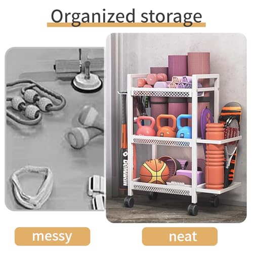 Home Gym Storage Rack for Yoga Mat Storage Rack,Dumbbells Kettlebells Foam Roller, Yoga Strap and Resistance Bands, Workout Equipment Storage Organizer With Hooks and Wheels MK92