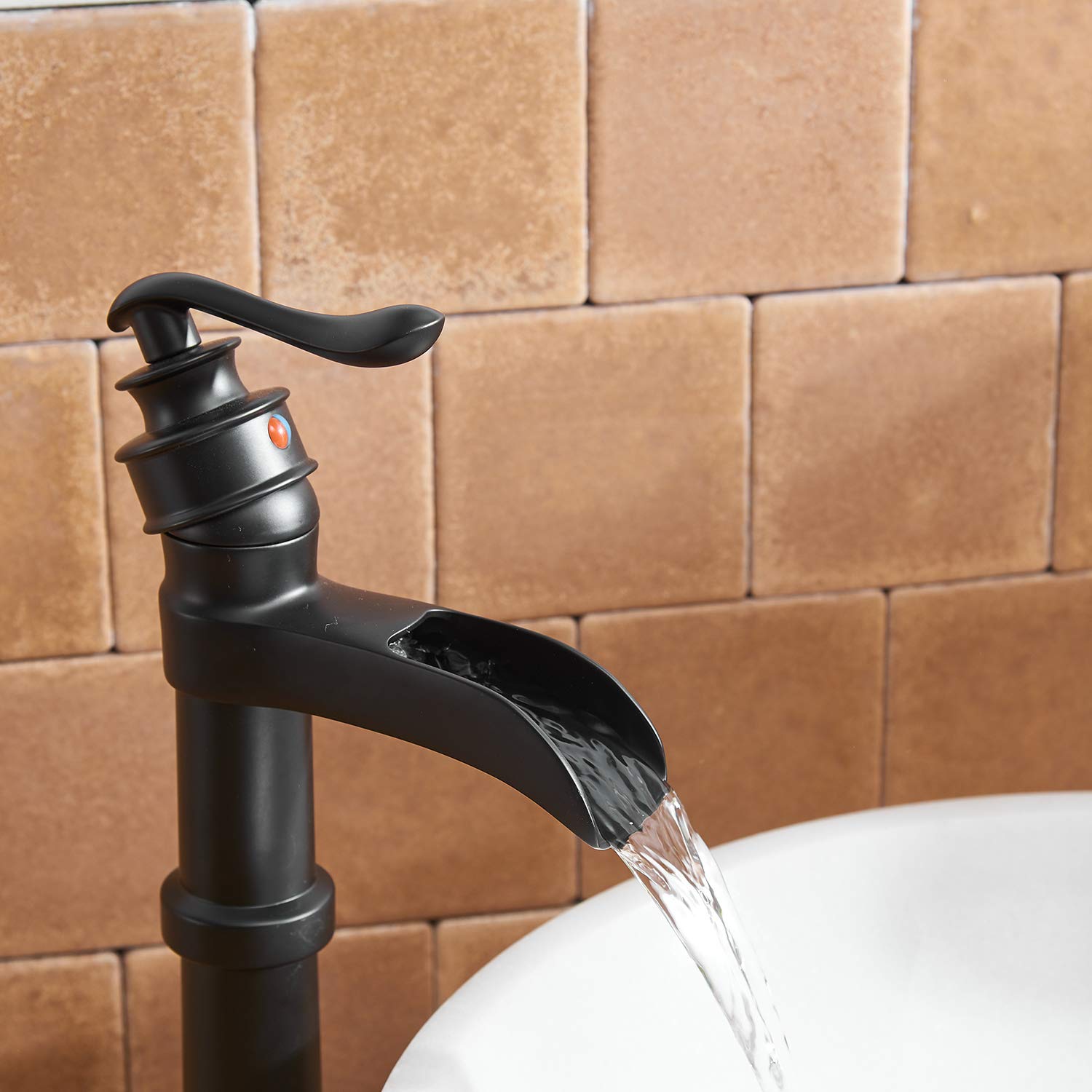 Matte Black Vessel Sink Faucet Waterfall with Pop Up Drain Assembly and Single-Handle Hole Supply Hose Lead-Free Vanity Lavatory Bathroom Faucet Mixer Tap
