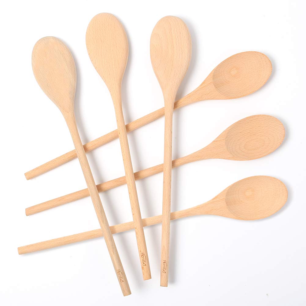 HANSGO Long Handle Wooden Cooking Mixing Oval Spoons, 6PCS 12 Inch Long Wooden Spoons Wooden Tasting Spoons Large Cooking Spoons