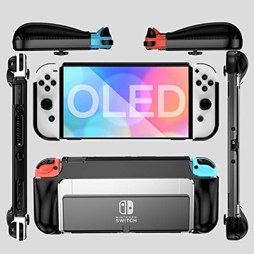Compatible with Nintendo Switch OLED Model Case, TPU Grip Cover with 2 Game Accessories Holder, Soft PC Back Cutout for Kickstand, Shockproof Dockable Protective Case for New Switch OLED 2021, Black