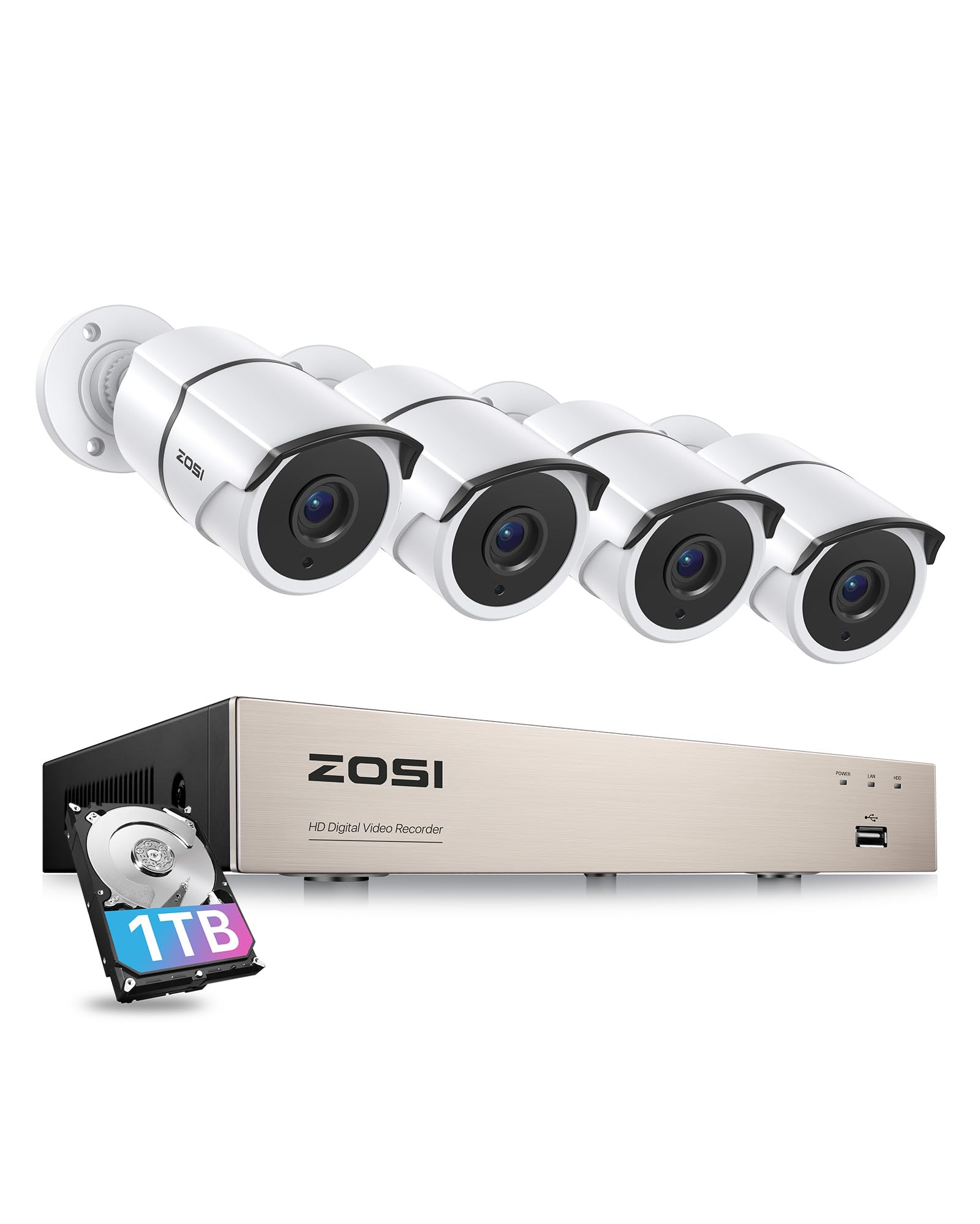 ZOSI 8CH 3K Lite Home Security Camera System Outdoor,AI Human/Vehicle Detection,Night Vision,4pcs 1080P Weatherproof CCTV Cameras,H.265+ 8 Channel Wired DVR with 1TB HDD for 24/7 Recording