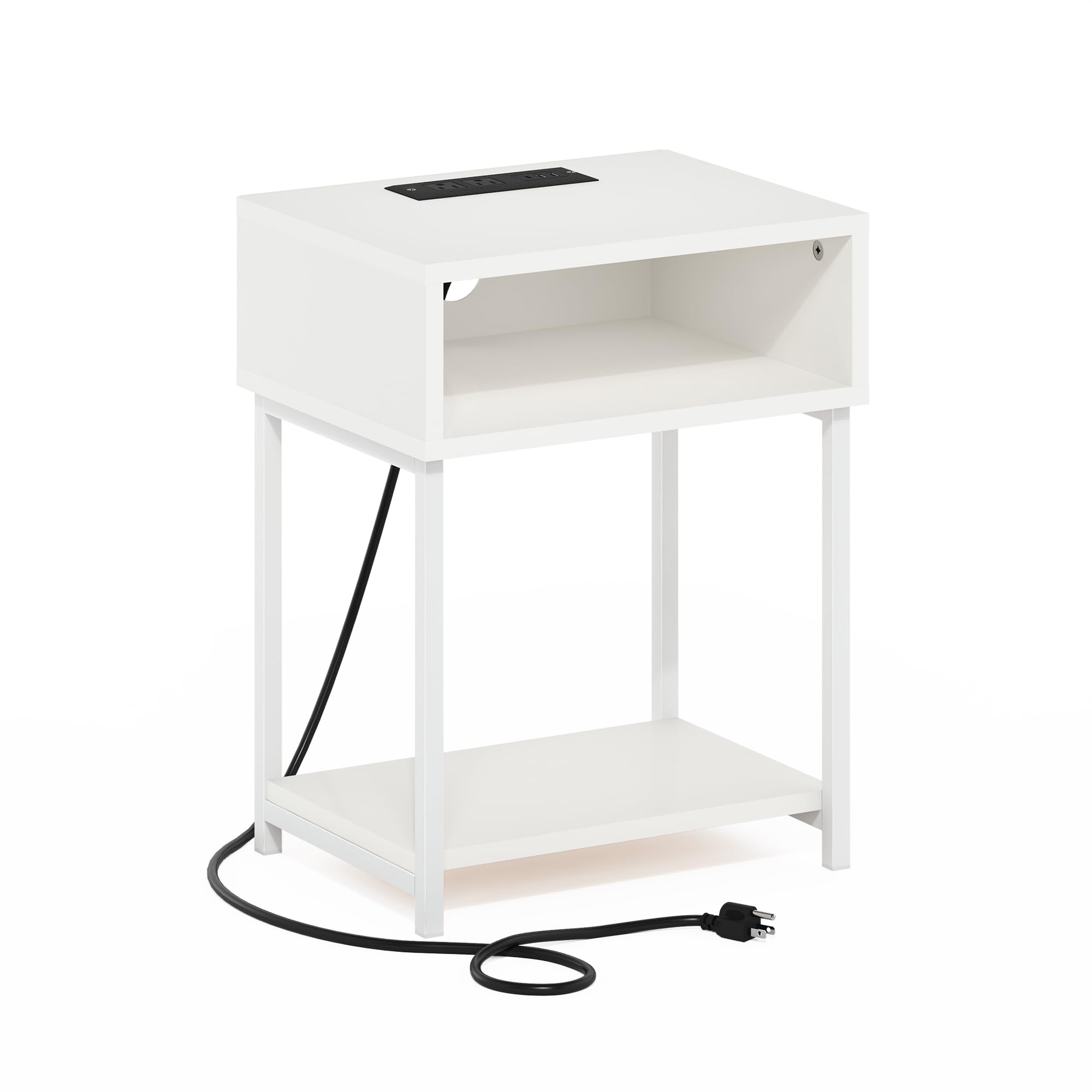 Furinno Moretti USB and Type-C Charging Port Open Storage Side Table with Metal Frame, White/White