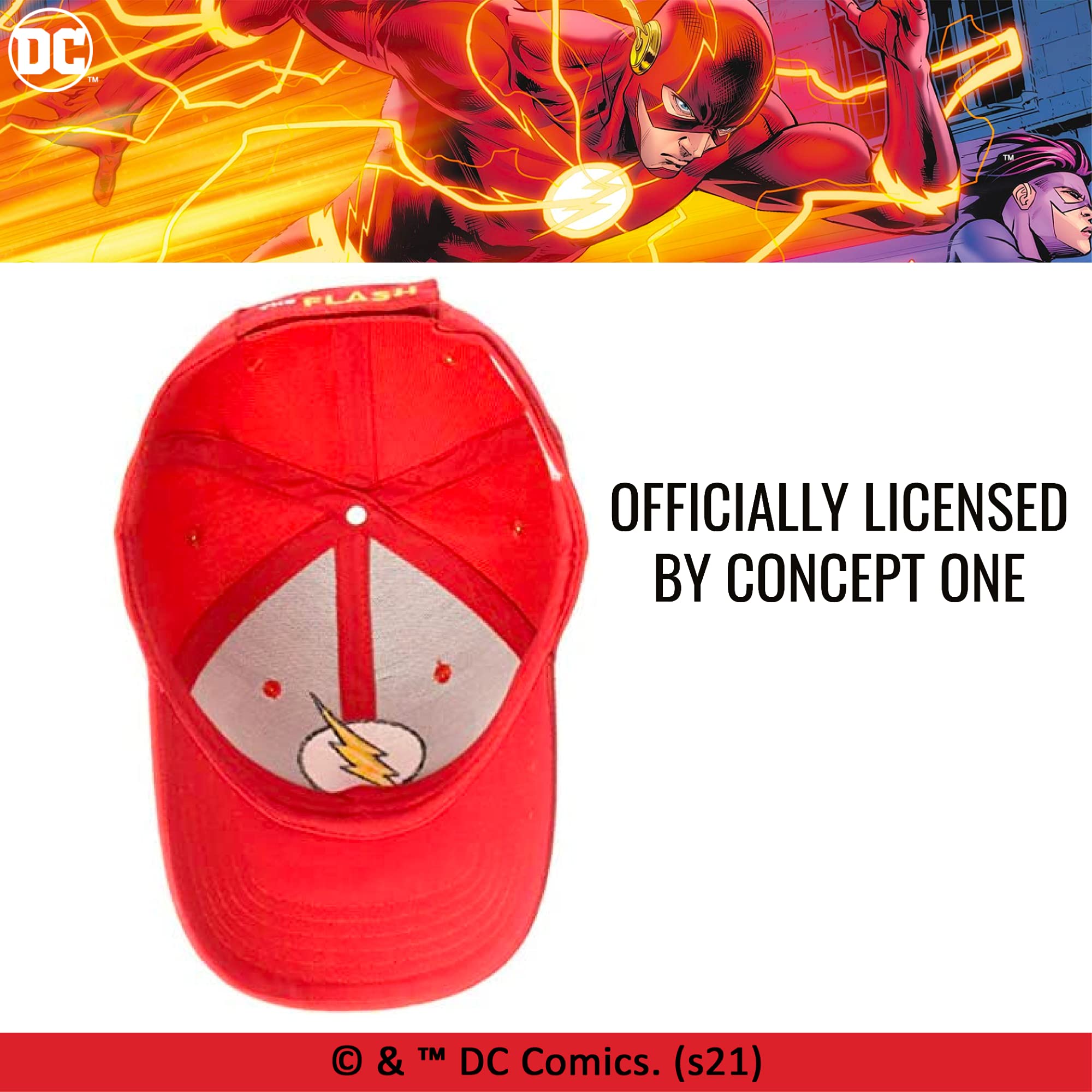 Concept One DC Comics The Flash Embroidered Logo Polyester Adjustable Baseball Cap with Curved Brim, Red, One Size