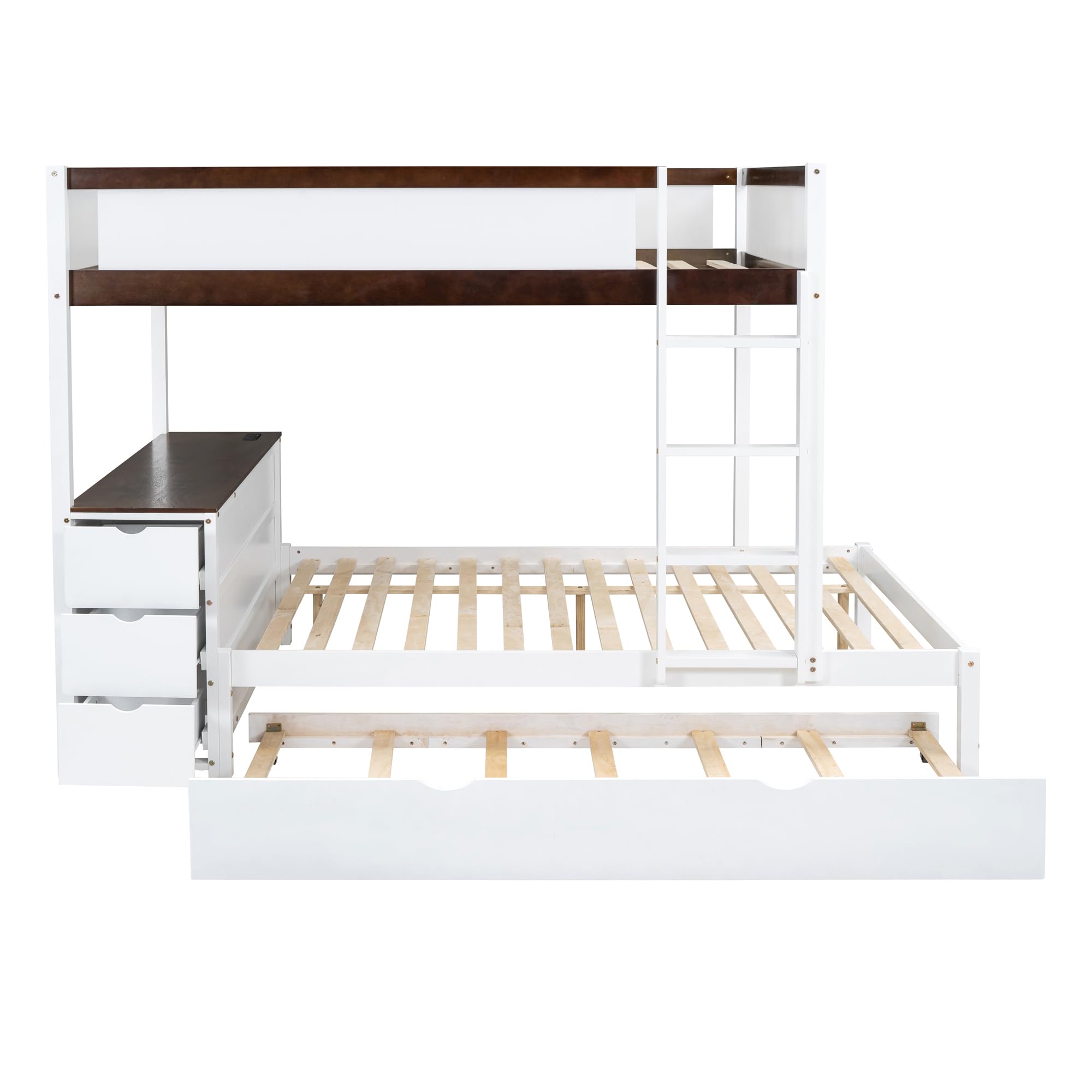 Harper & Bright Designs Full Over Full Bunk Bed Twin Size Trundle, Wood Full Bunk Bed with USB Ports, Storage and Desk, White+Walnut
