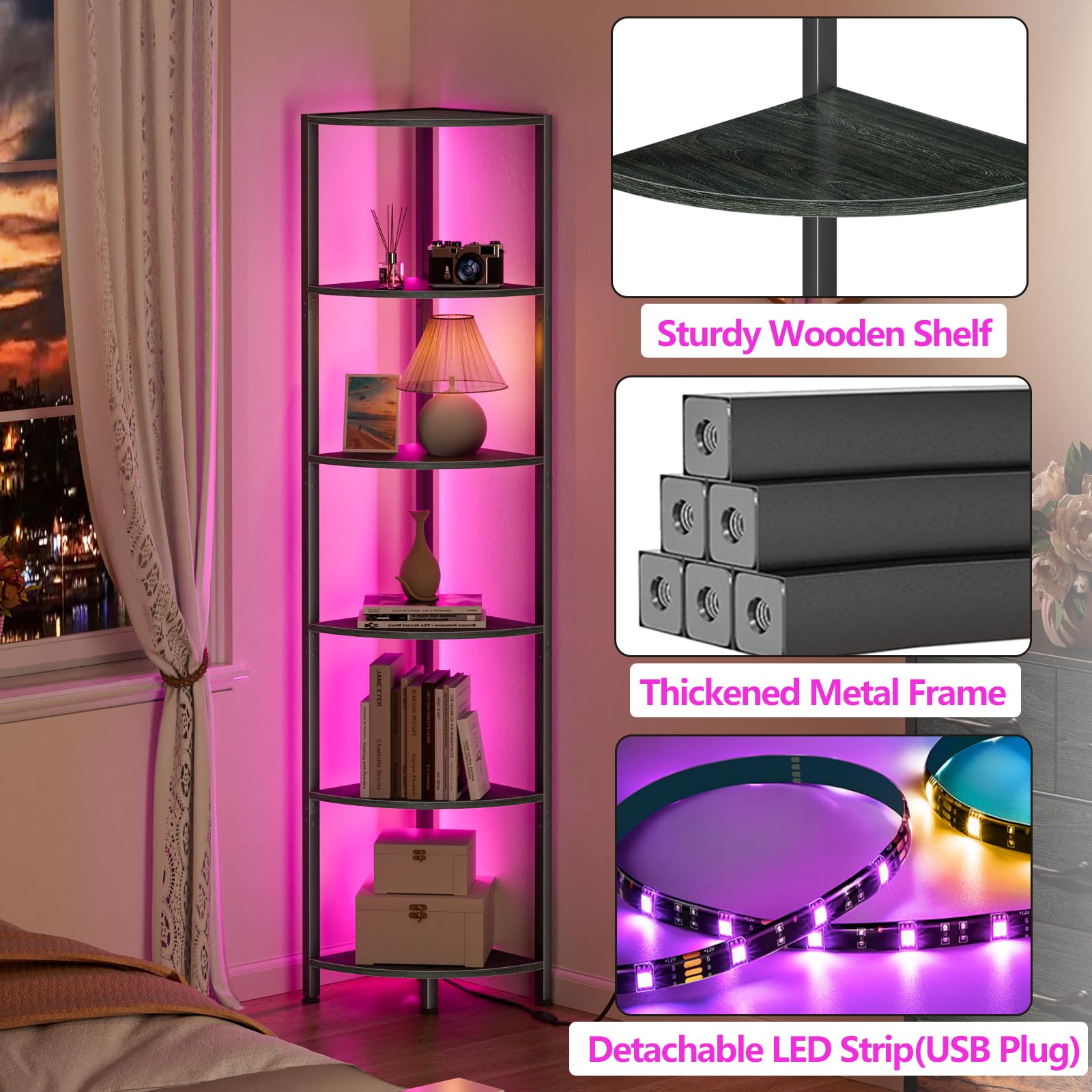 Furnulem 6 Tier Corner Shelf with LED Light, 67.5β Tall Standing Shelf Organizer, Black Narrow Bookshelf with Storage Rack for Wall Corner, Living Room, Bedroom, Metal Frame, Wood Display Shelf