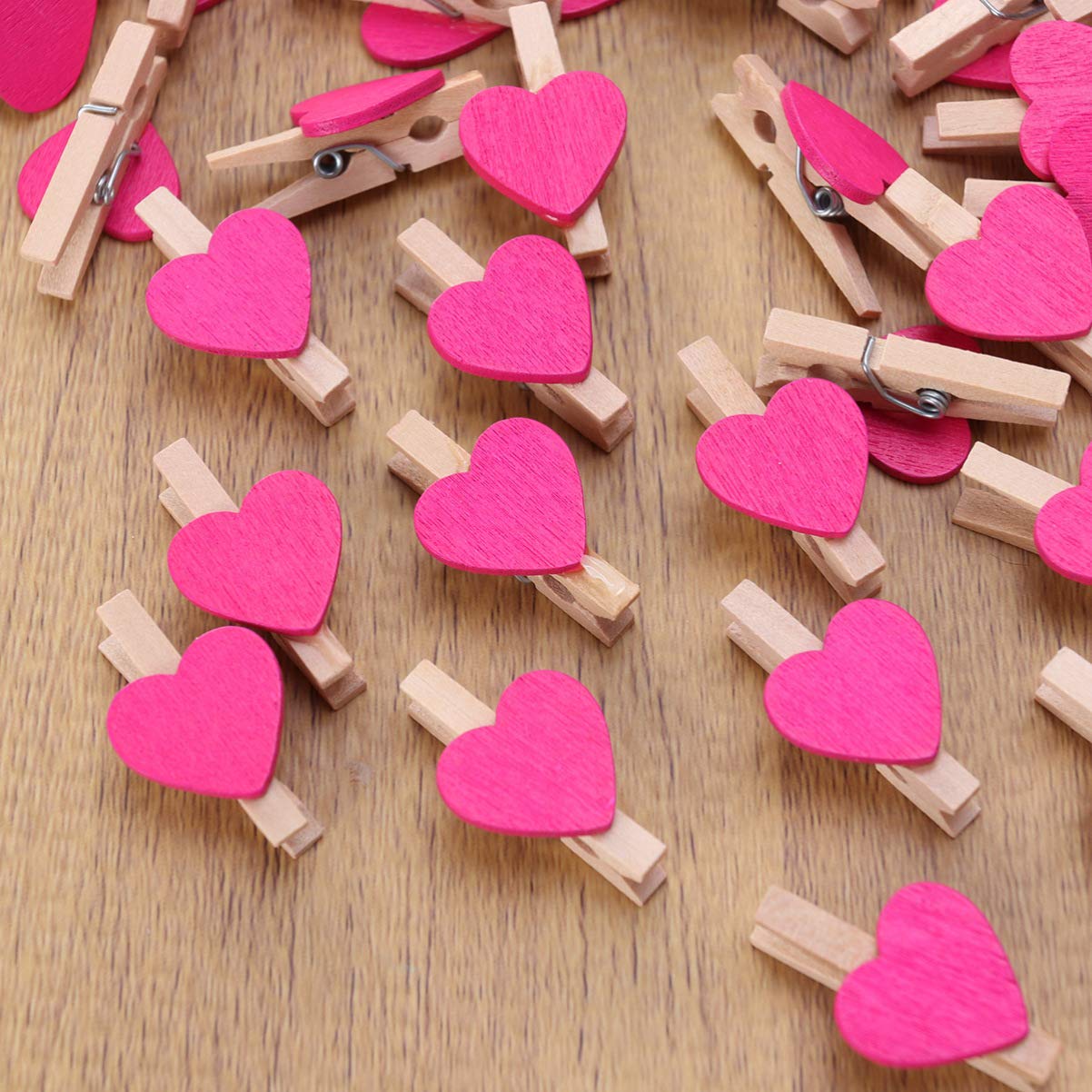 NUOBESTY 50pcs Mini Wooden Clips Clothespins Crafts Clips with Hearts for Wedding Party Valentines Day Decoration Rosy