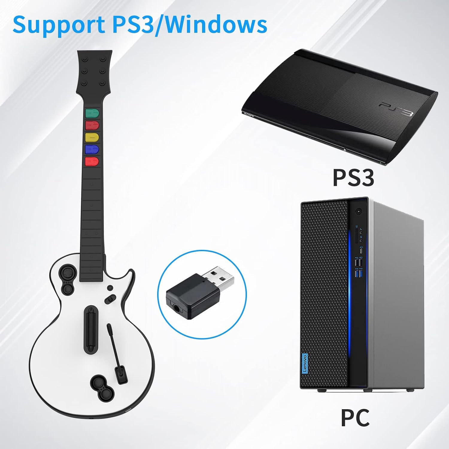 DOYO Guitar Hero Guitar for PlayStation 3 and PC, Wireless White Guitar Controller with Strap for Clone Hero, Rock Band and Guitar Hero Games (5 Buttons)