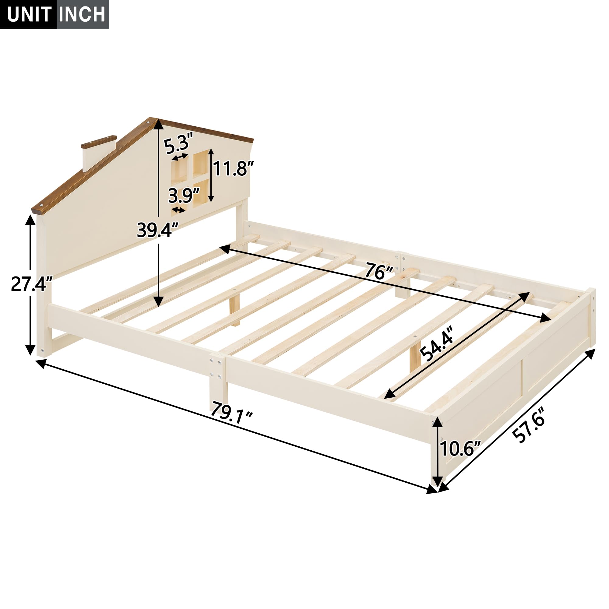 Harper & Bright Designs Full Size Bed Frame with House-Shaped Headboard, Wood Kids Platform Bed with Built-in LED, Cute Single Bed for Girls Boys, No Box Spring Needed (Full,Walnut+Milk White)