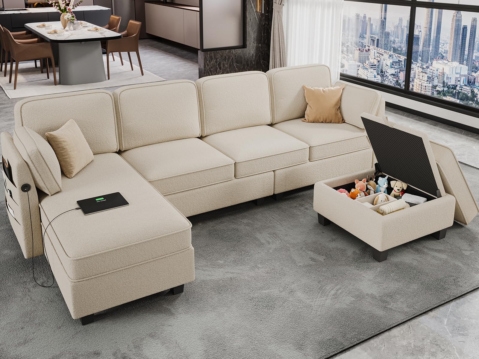 Hasuit 113'' Sectional Sofa with Storage Seats, U Shaped Convertible Sofa Couch with Large Reversible Chaise, Comfy Chenille Sofa with USB Port, Modular Sectional Sofa Couches for Living Room, Beige